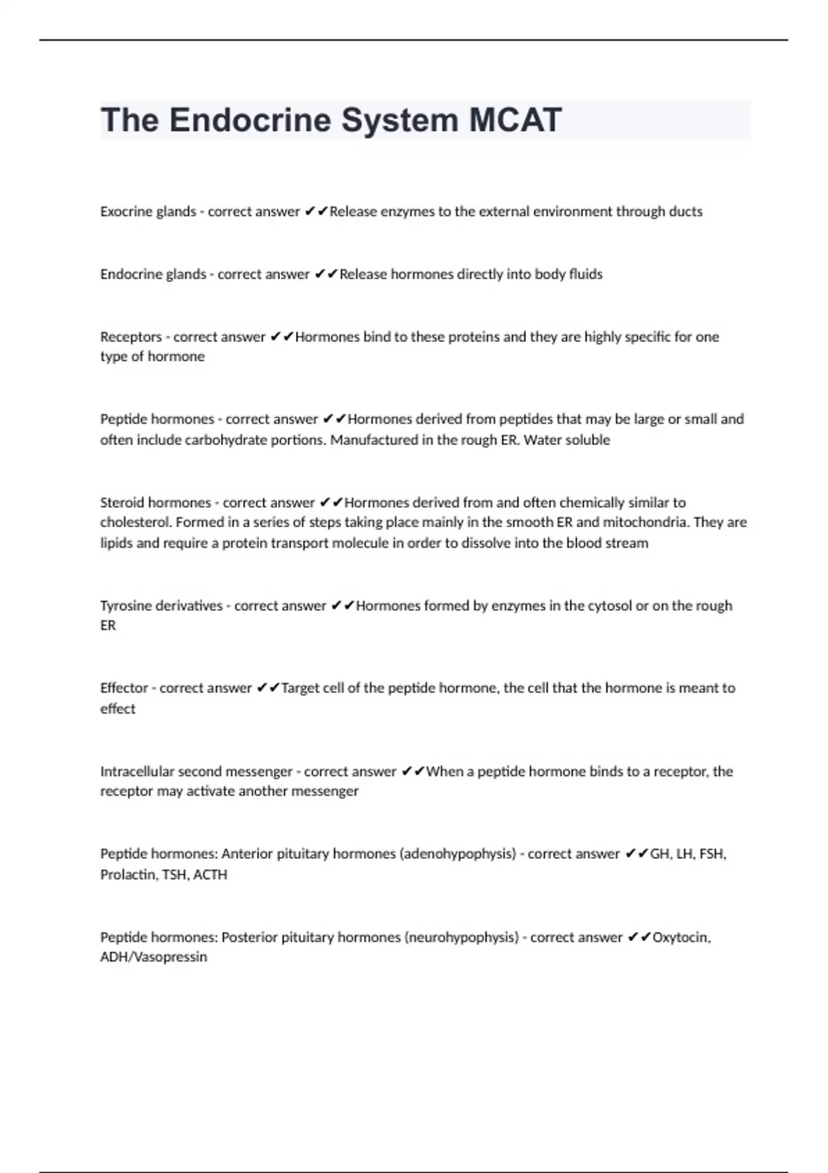 The Endocrine System MCAT questions and answers - MCAT - Stuvia US