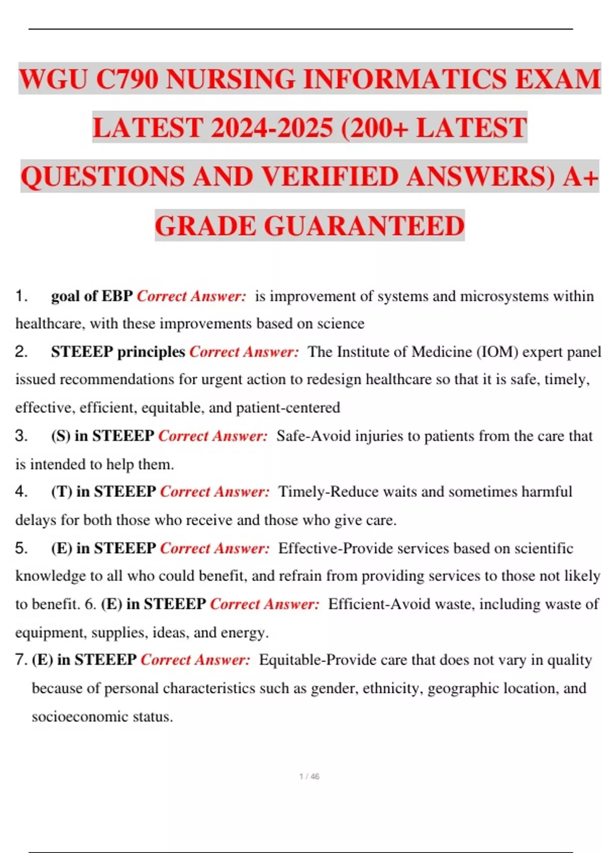 WGU C790 NURSING INFORMATICS EXAM LATEST (200+ LATEST QUESTIONS AND ...