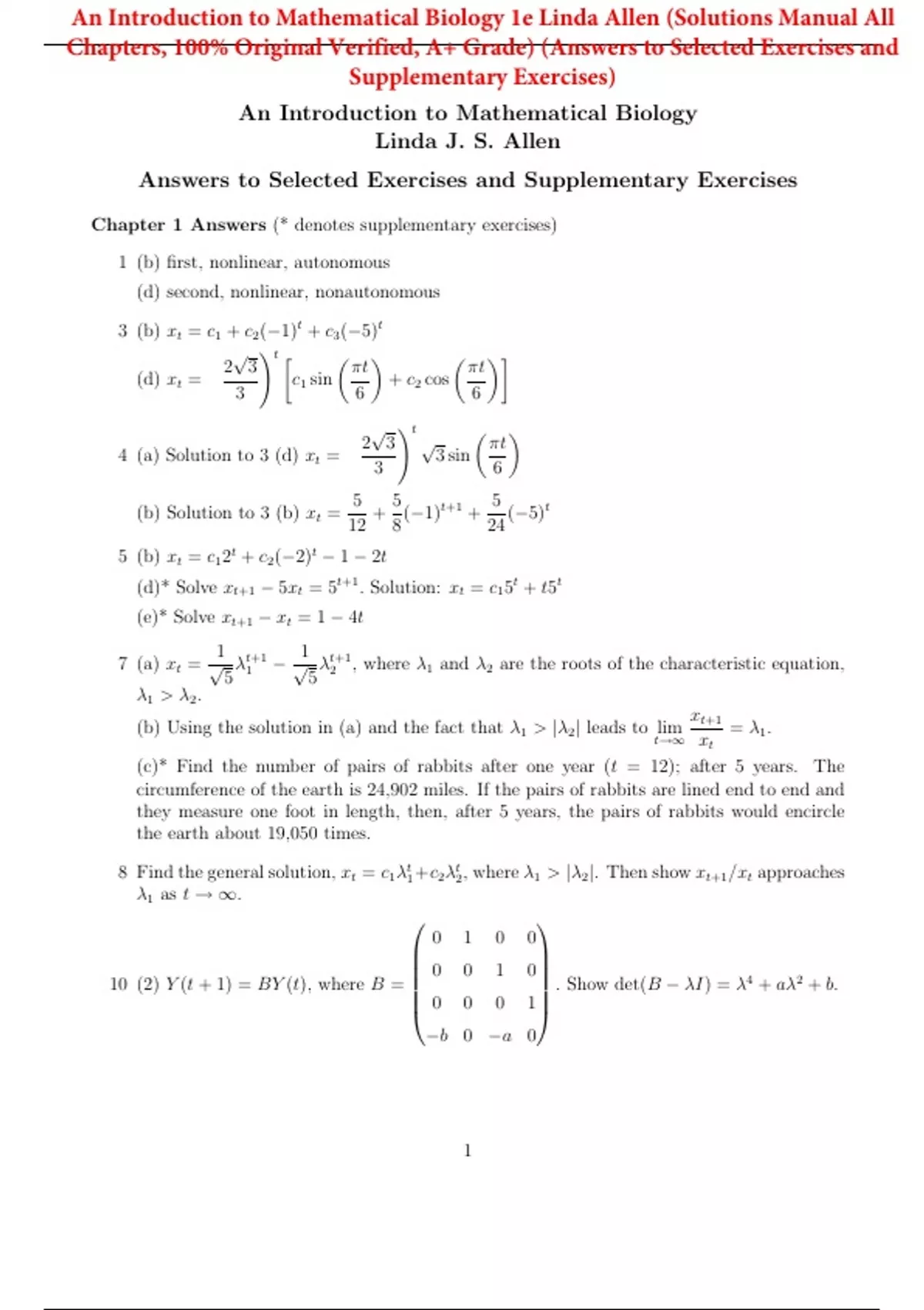 Solutions Manual for An Introduction to Mathematical Biology 1st Edition By Linda Allen (All ...