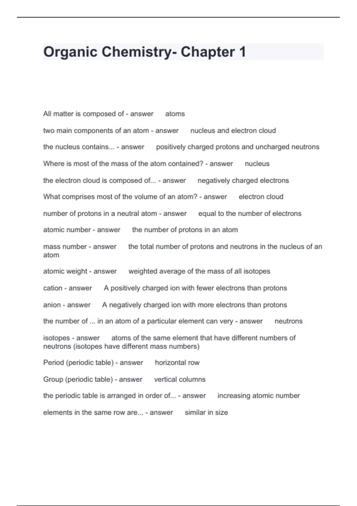 Organic Chemistry- Chapter 1, Questions and Answers 2024 - Organic ...