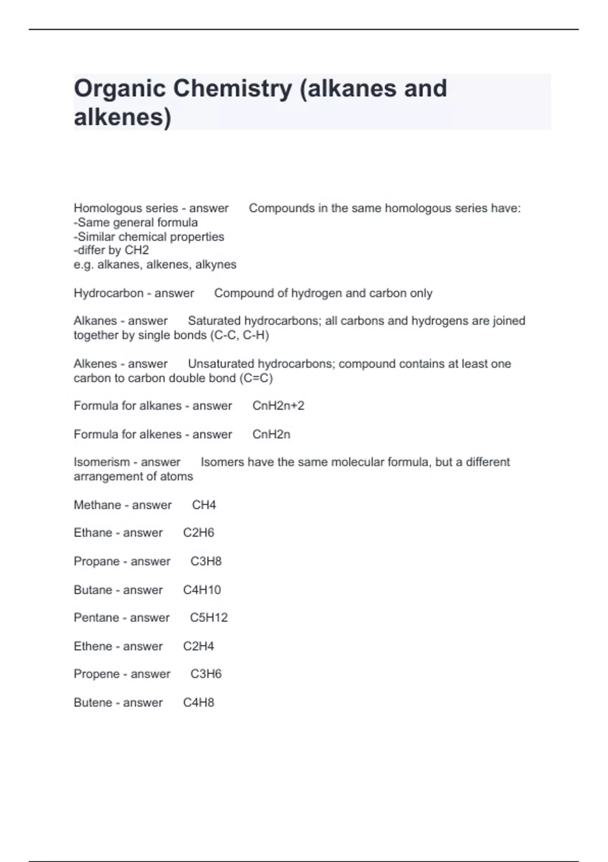 Organic Chemistry (alkanes and alkenes) Questions with correct Answers - Organic Chemistry ...
