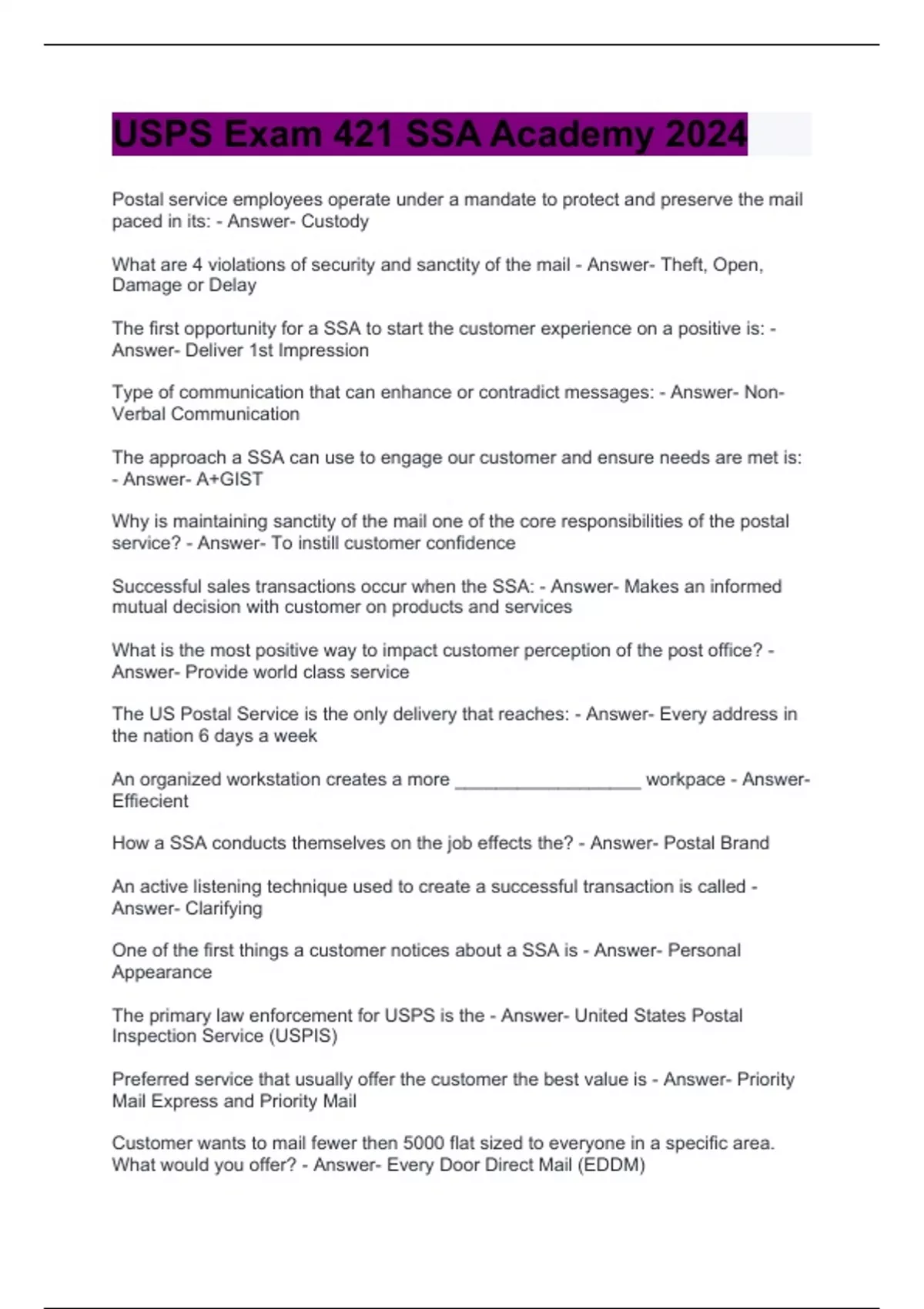 USPS Exam 421 SSA Academy 2024 Questions & Answers - USPS 421 SSA ...
