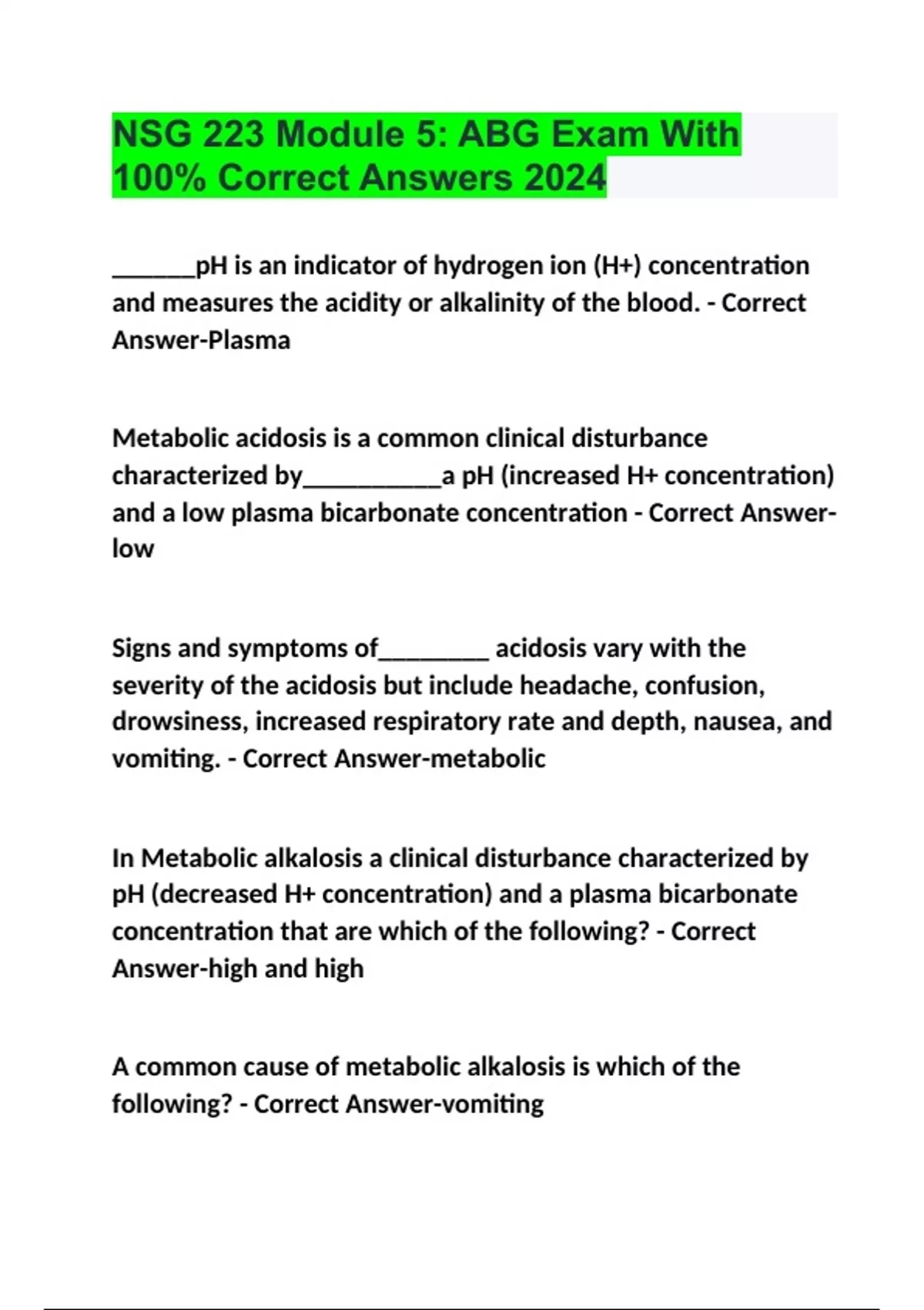 NSG 223 Module 5: ABG Exam With 100% Correct Answers 2024 - NSG 223 - Stuvia US