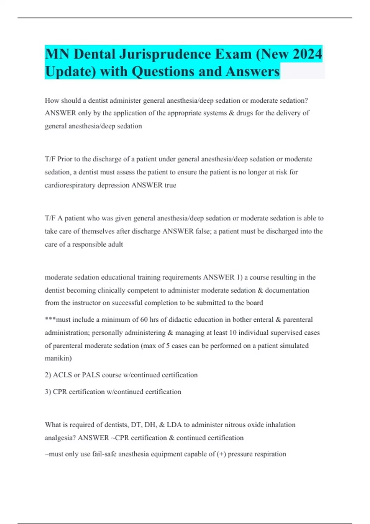MN Dental Jurisprudence Exam (New 2024 Update) with Questions and ...