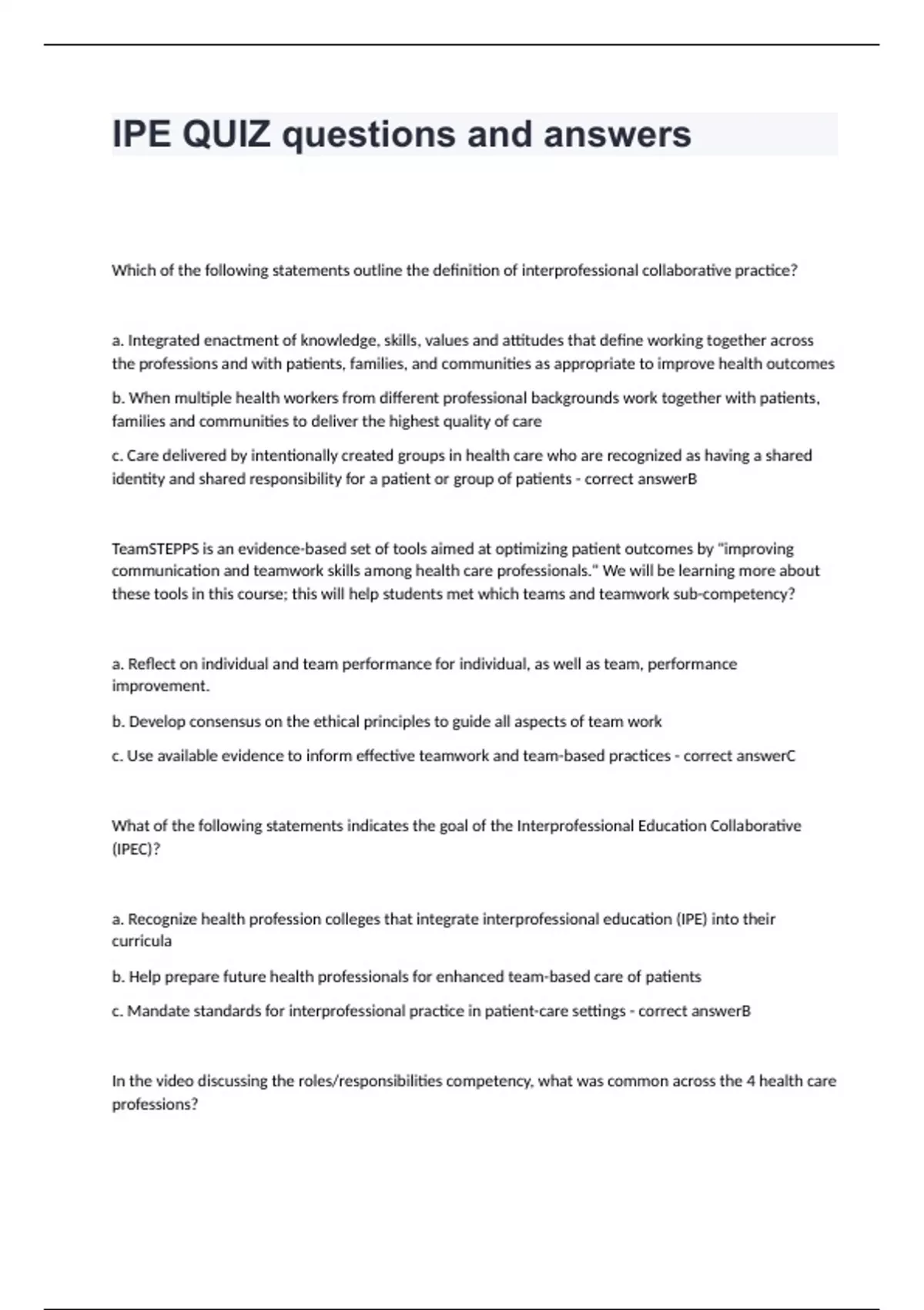 IPE QUIZ questions and correct answers 2024 - Primary Care ...