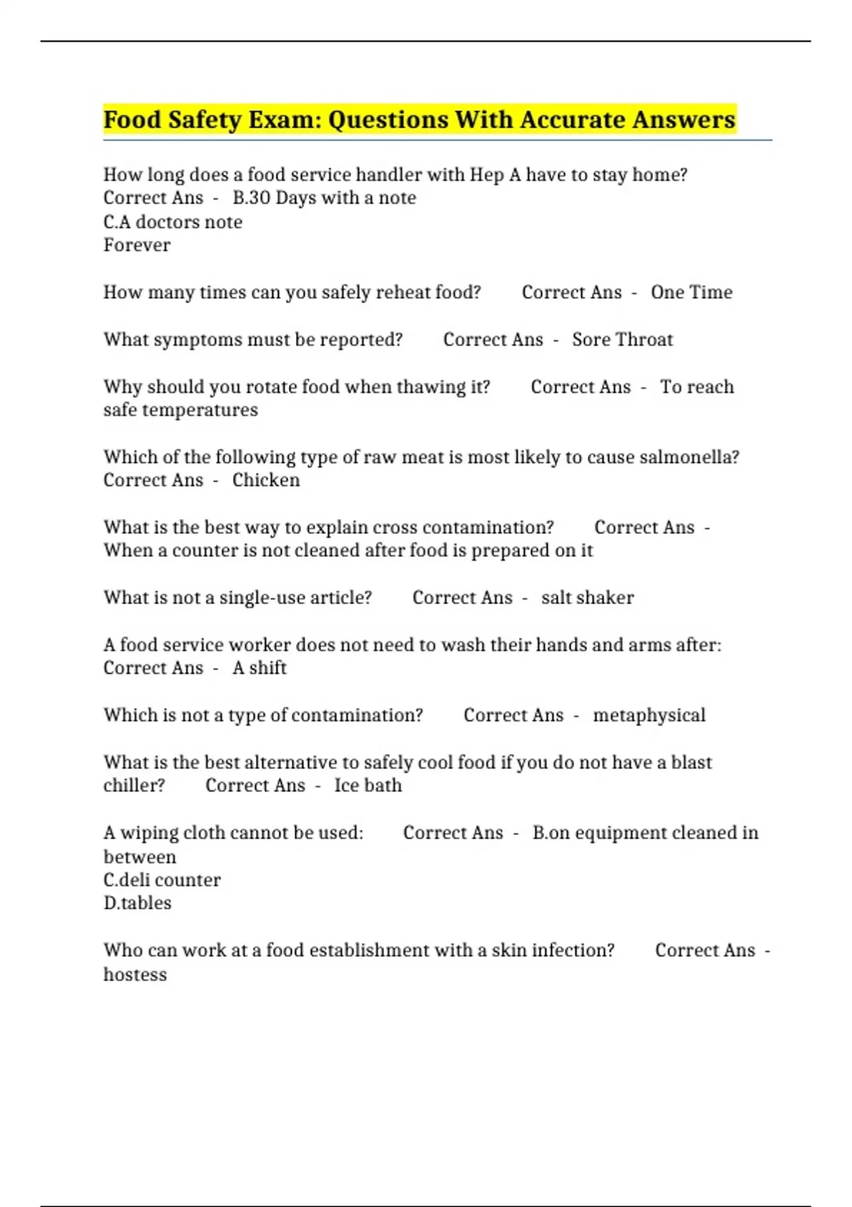 Food Safety Exam: Questions With Accurate Answers - FOOD SAFETY - Stuvia US