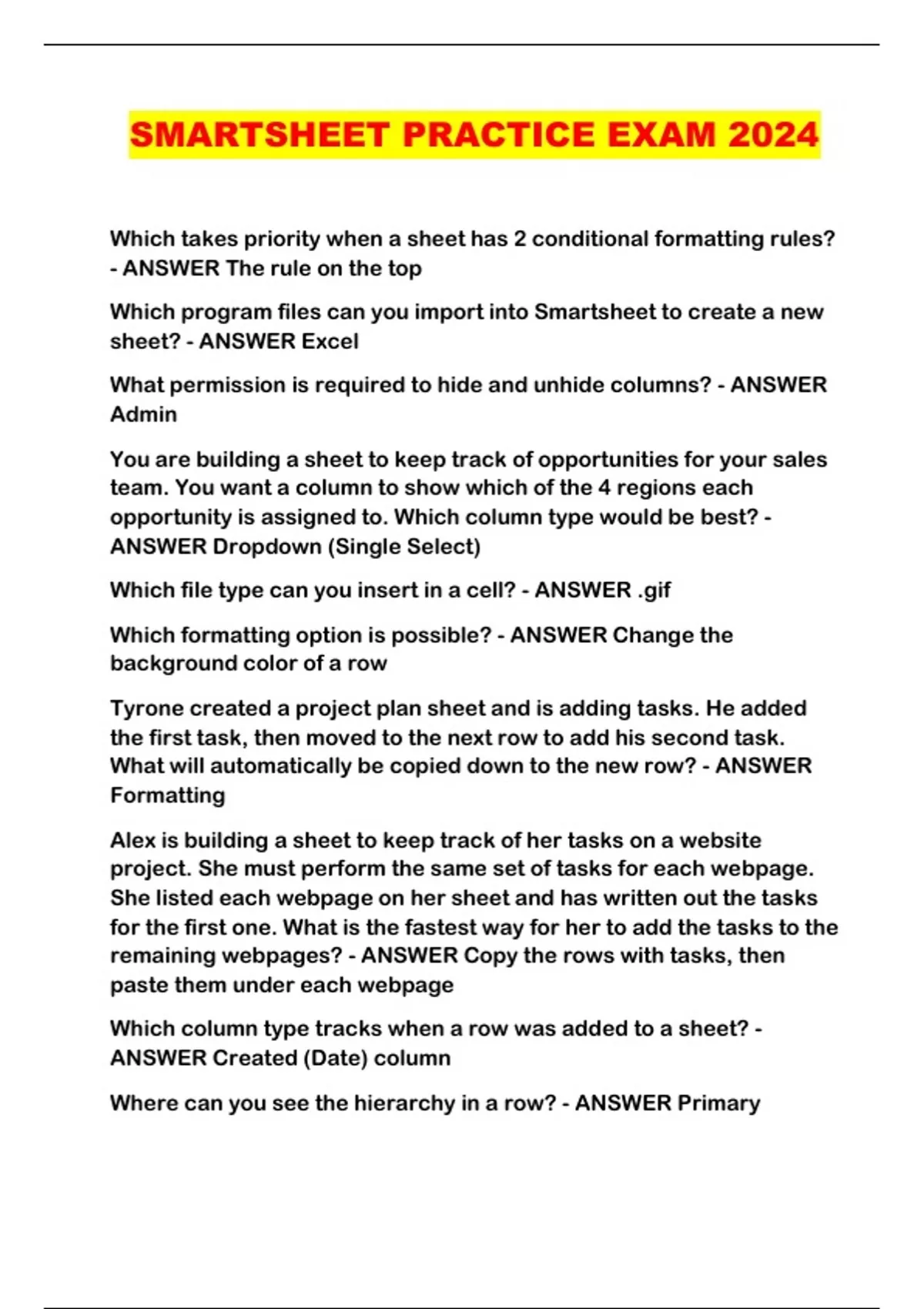 SMARTSHEET PRACTICE EXAM 2024 - SMARTSHEET - Stuvia US