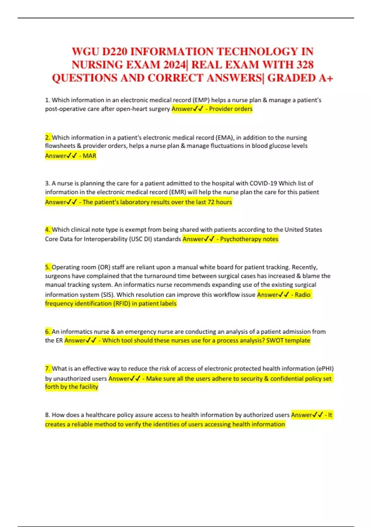 WGU D220 INFORMATION TECHNOLOGY IN NURSING EXAM 2024| REAL EXAM WITH ...