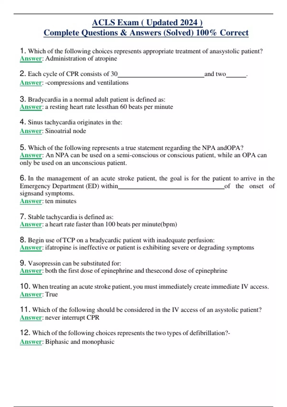 ACLS Exam ( Updated 2024 ) Complete Questions & Answers (Solved) 100% ...