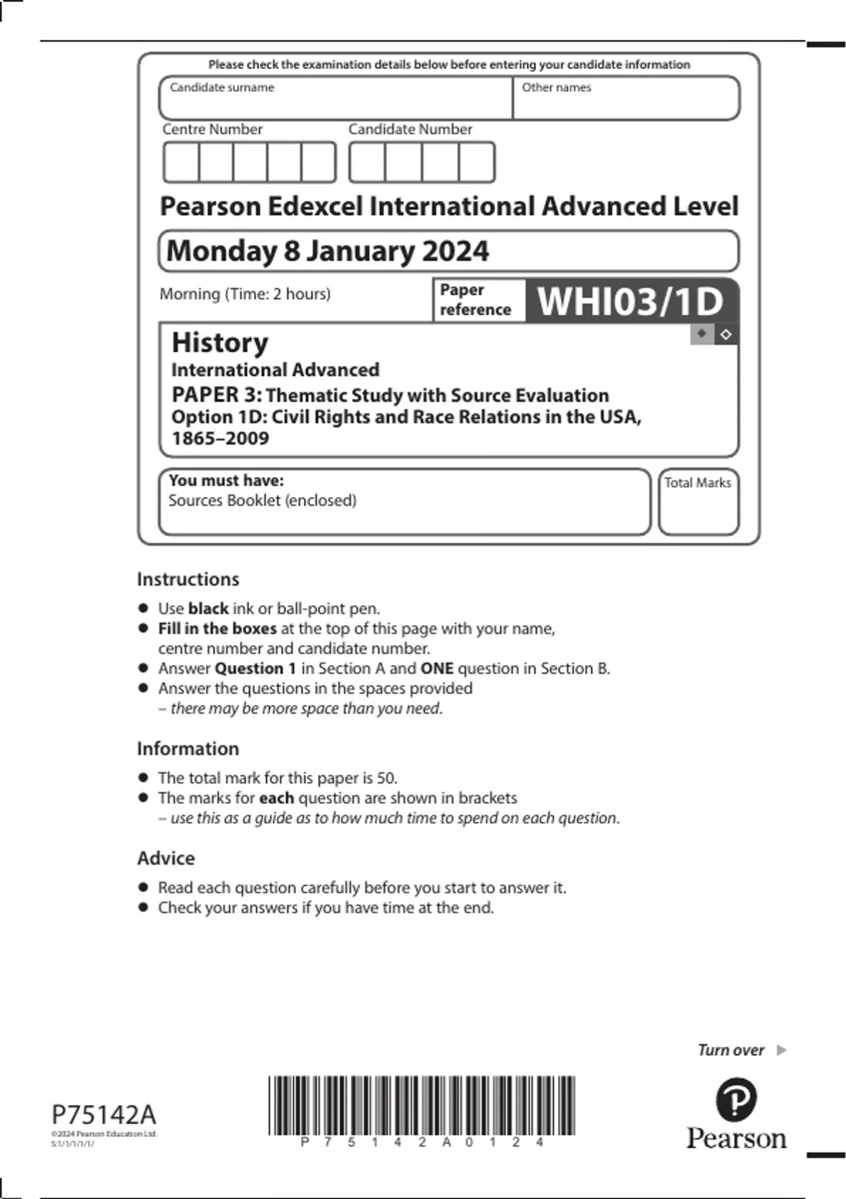 PEARSON EDEXCEL A LEVEL HISTORY QUESTION PAPER 3 2024 (WHI03/1D:: Civil ...