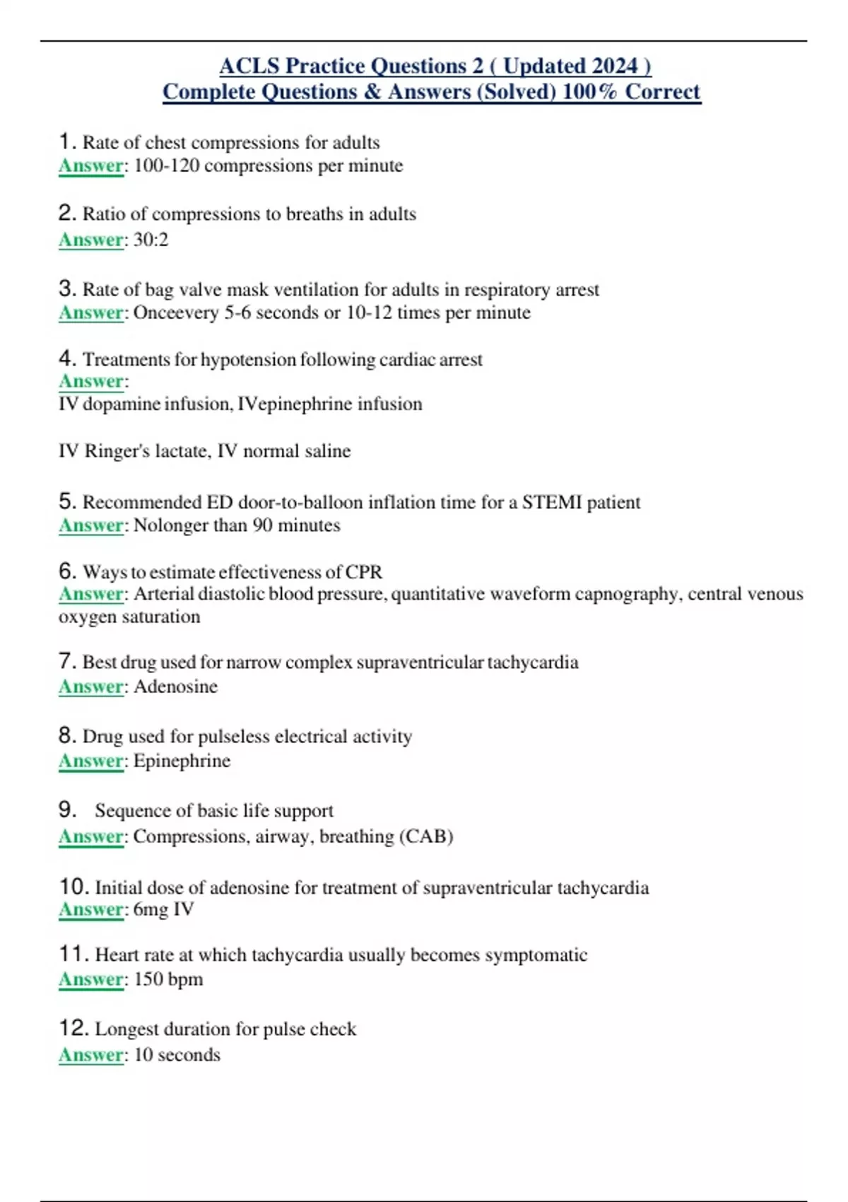 ACLS Practice Questions 2 ( Updated 2024 ) Complete Questions & Answers ...