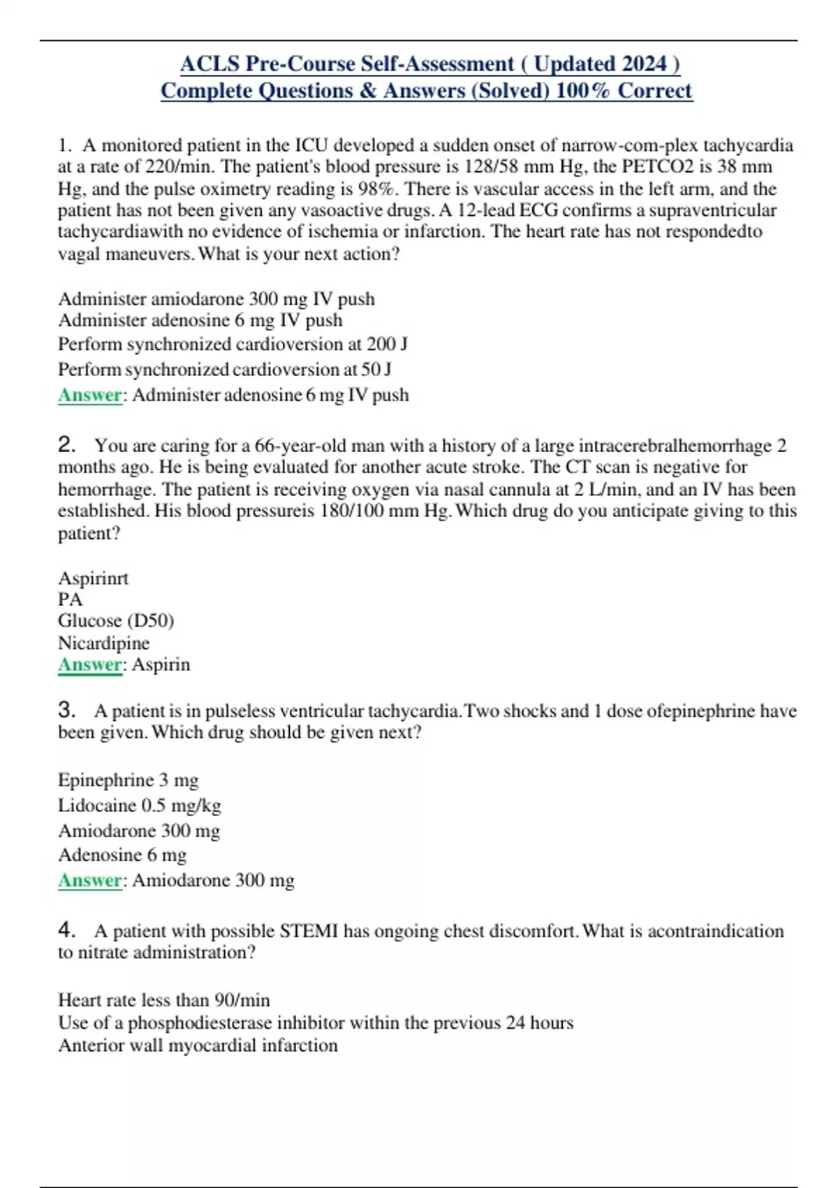 Acls Pre Course Self Assessment Updated 2024 Complete Questions And Answers Solved 100
