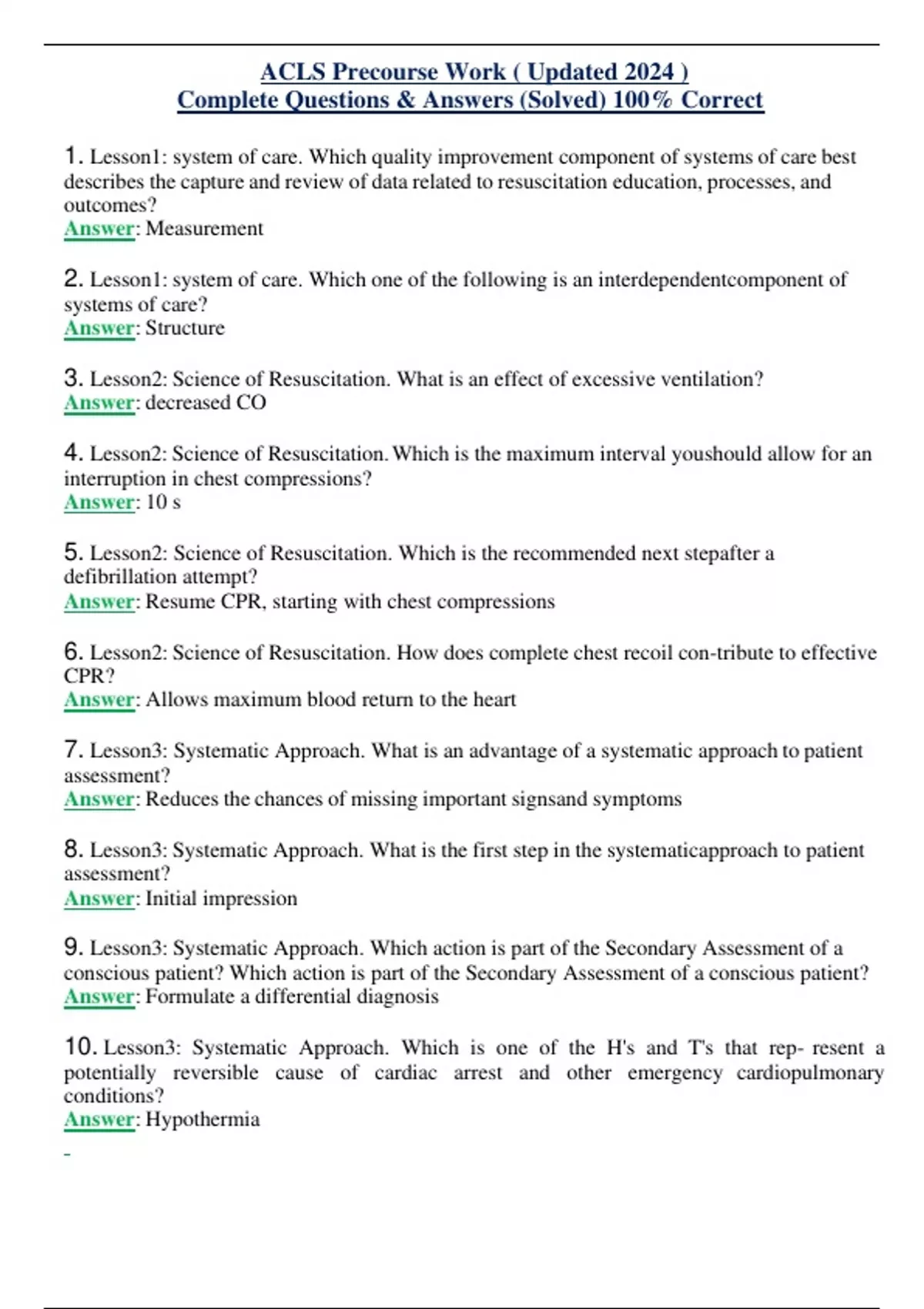 ACLS Precourse Work ( Updated 2024 ) Complete Questions & Answers (Solved) 100% Correct - Acls ...