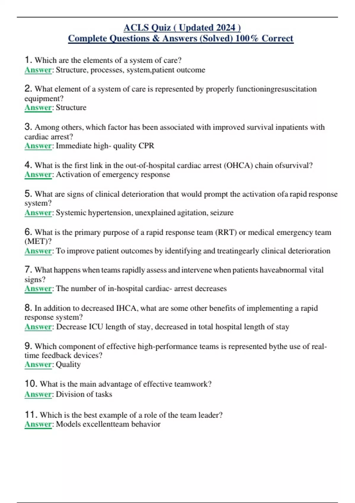 ACLS Quiz ( Updated 2024 ) Complete Questions & Answers (Solved) 100% ...