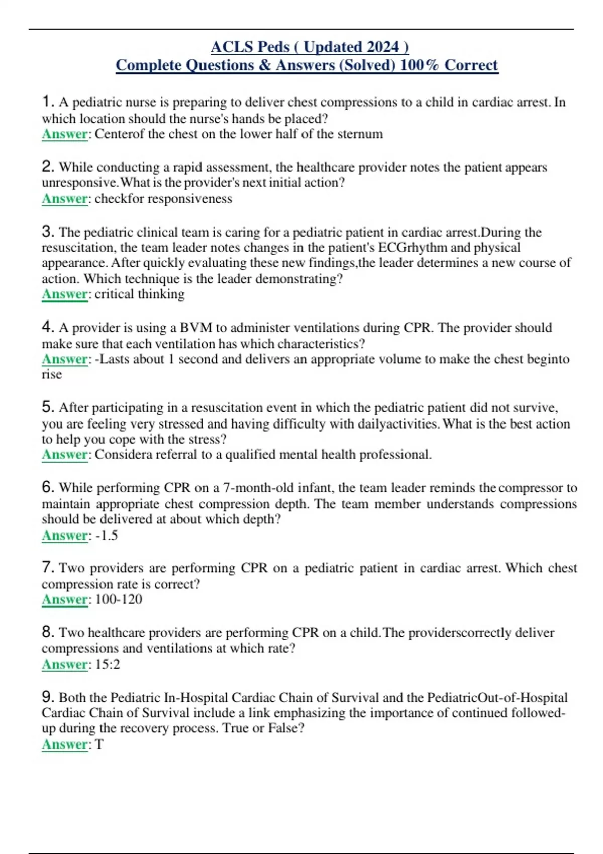 ACLS Peds ( Updated 2024 ) Complete Questions & Answers (Solved) 100% ...