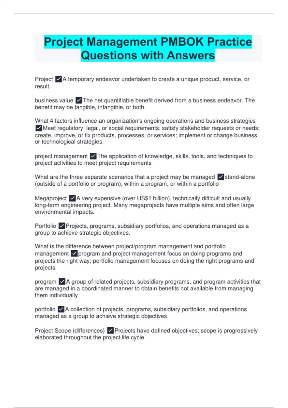 Project Management PMBOK Practice Questions with Answers - PMP - Stuvia US