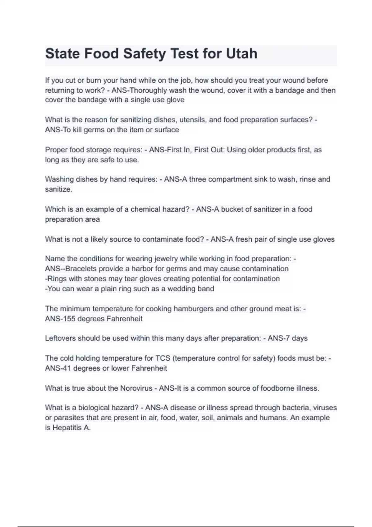 State Food Safety Test for Utah (2025/ 2026) Revised Complete Detailed ...