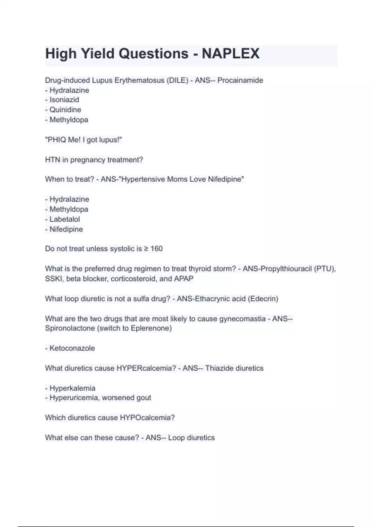 High Yield Questions - NAPLEX. (2025/ 2026) Revised Complete Detailed ...