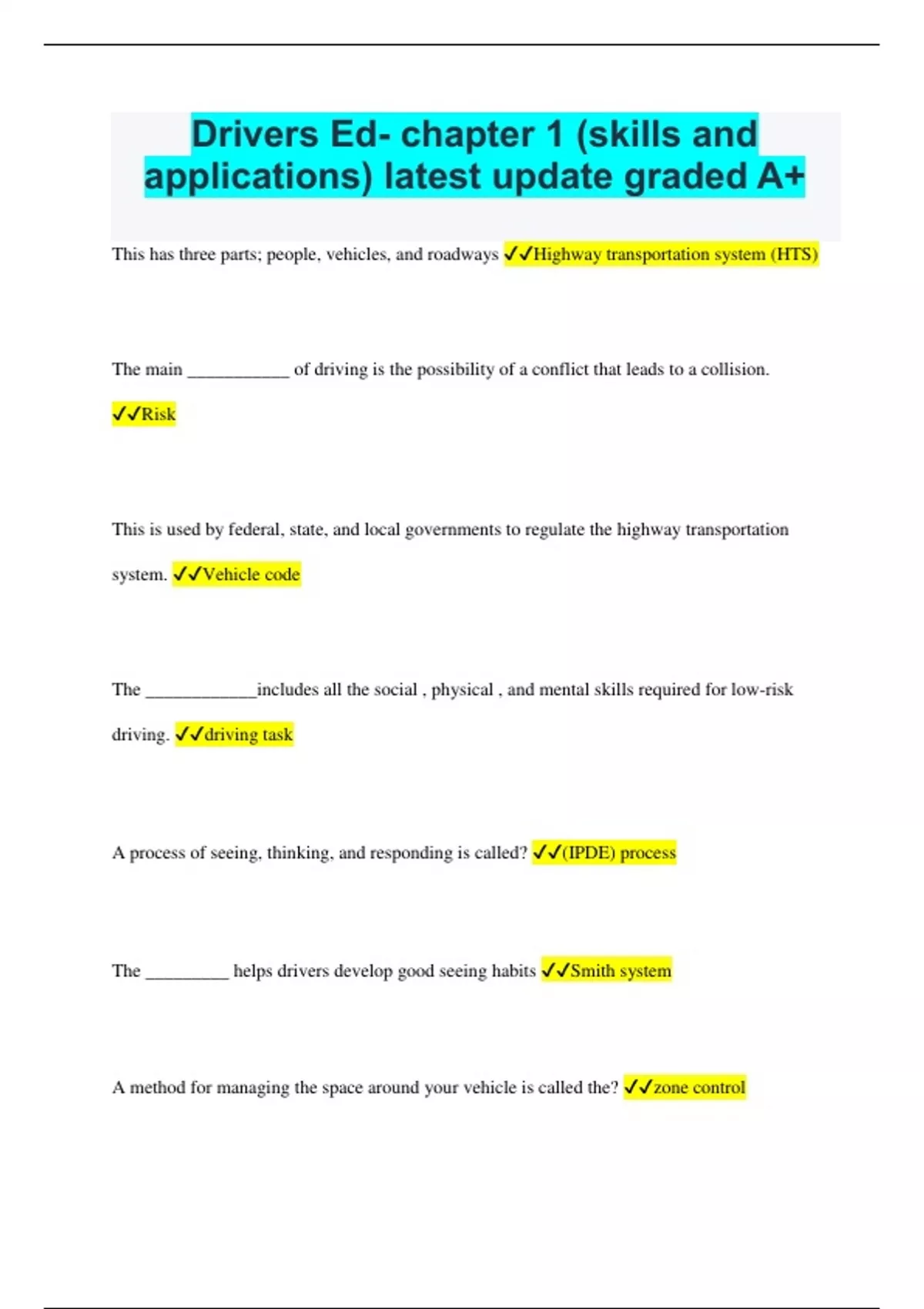 Drivers Ed- chapter 1 (skills and applications) latest update graded A+ ...