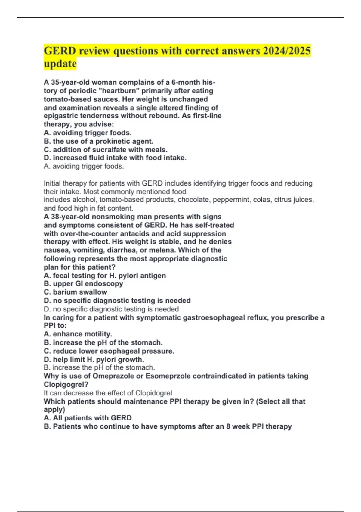 GERD review questions with correct answers 2024/2025 update - GERD ...