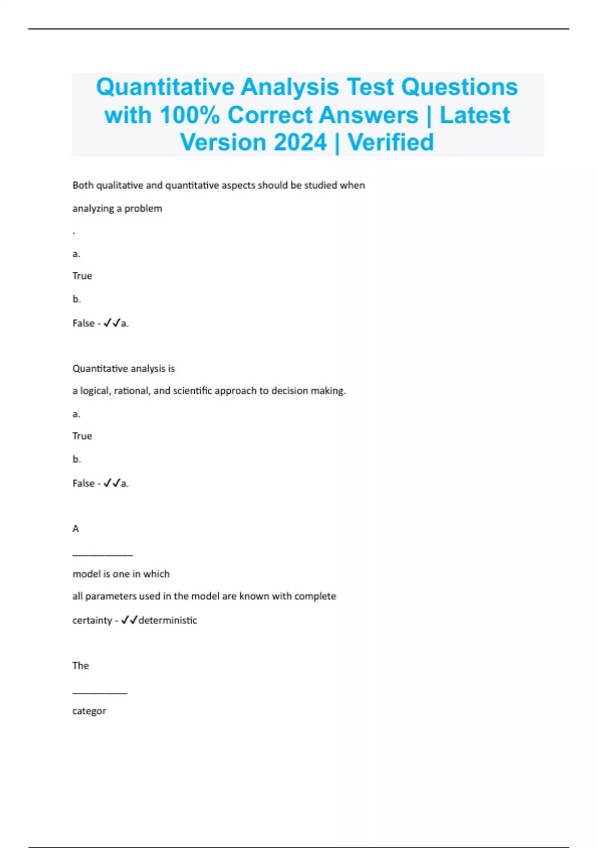 Quantitative Analysis Test Questions with 100% Correct Answers | Latest ...