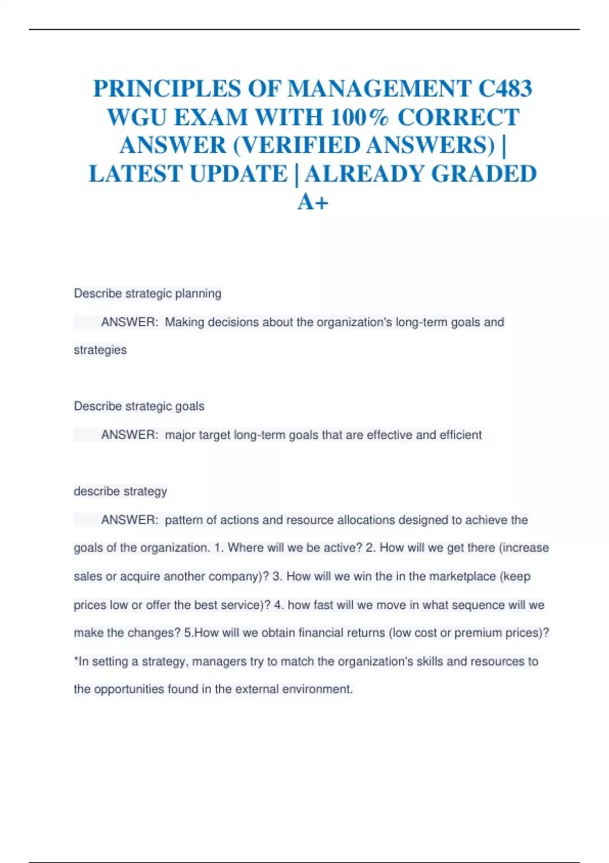 PRINCIPLES OF MANAGEMENT C483 WGU EXAM WITH 100% CORRECT ANSWER ...