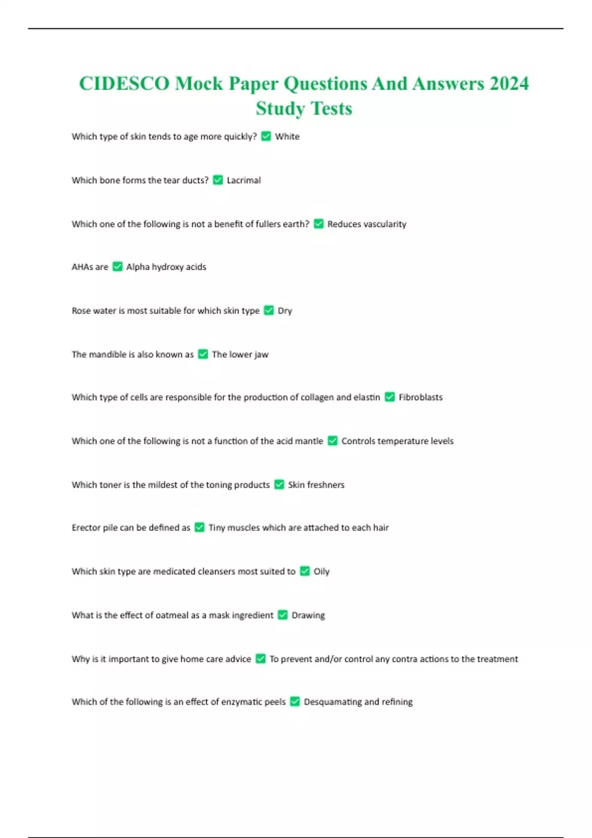 CIDESCO Mock Paper Questions And Answers 2024 Study Tests - CIDESCO ...