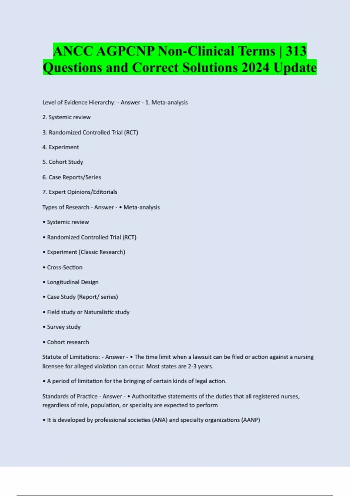 ANCC AGPCNP Non-Clinical Terms | 313 Questions and Correct Solutions ...