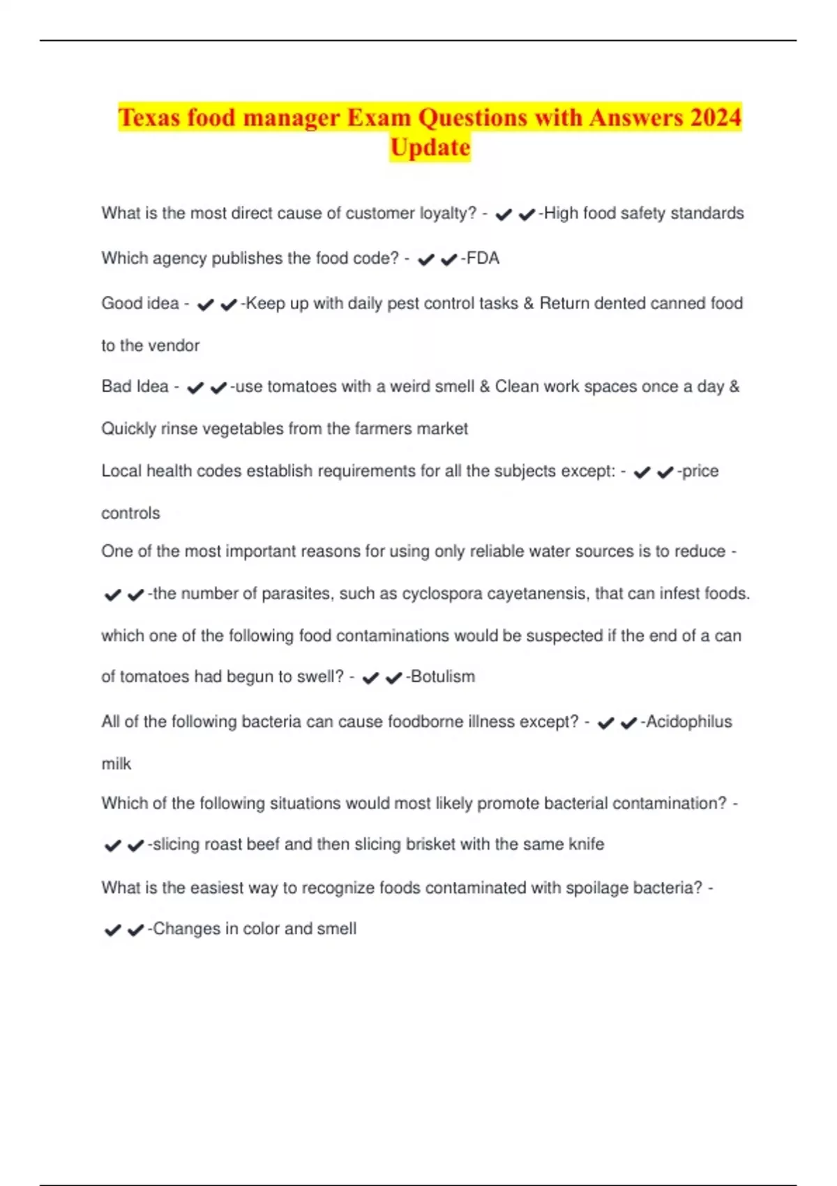 Texas food manager Exam Questions with Answers 2024 Update - Texas food ...