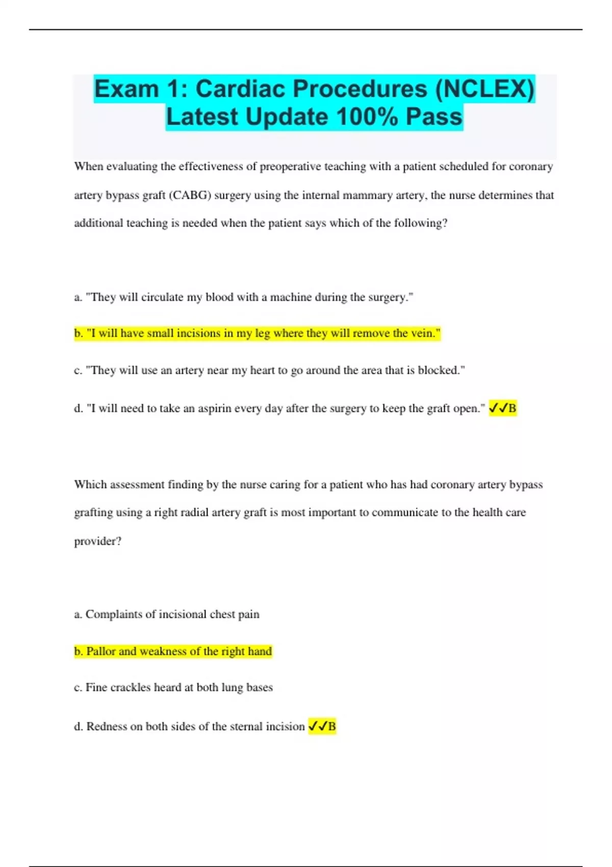 Exam 1: Cardiac Procedures (NCLEX) Latest Update 100% Pass - Cardiac ...