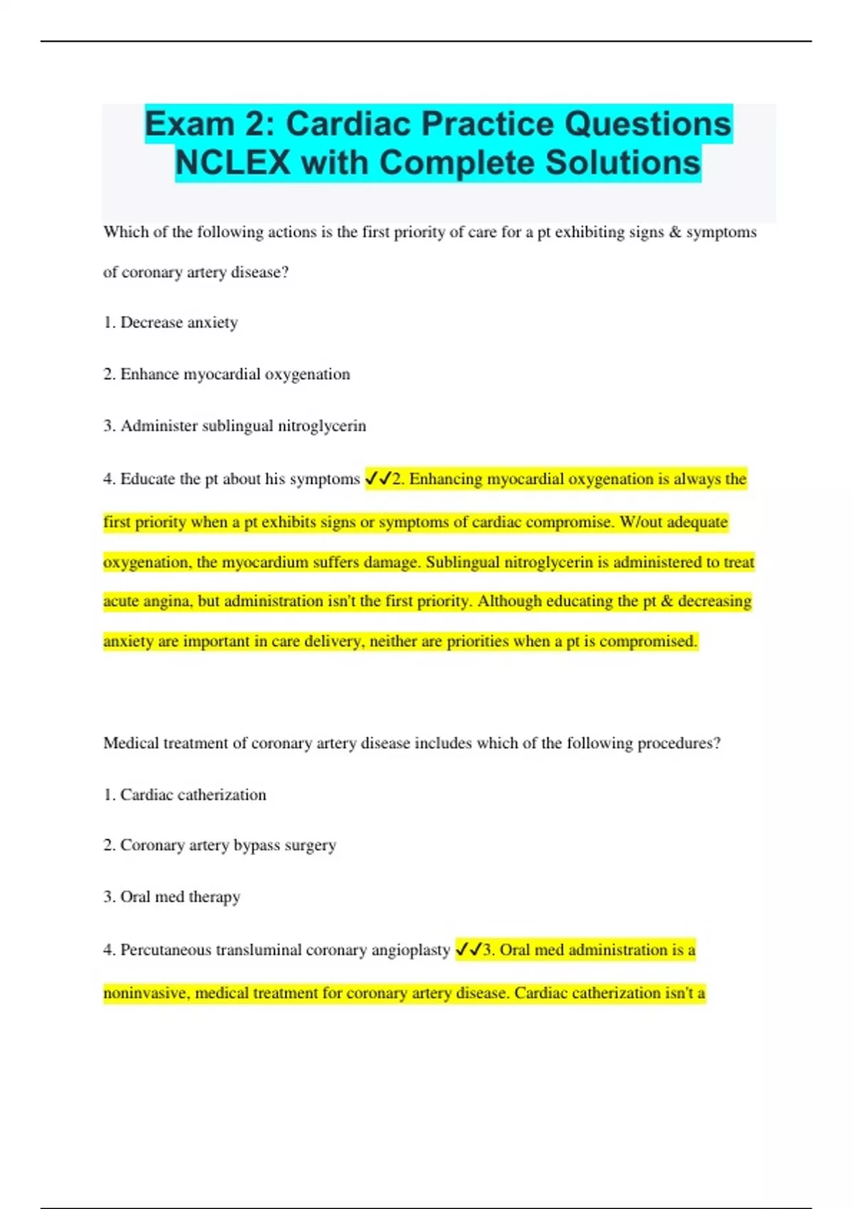 Exam 2: Cardiac Practice Questions NCLEX with Complete Solutions - Exm ...