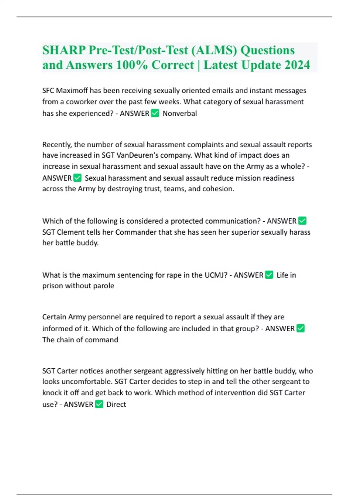 SHARP Pre-Test/Post-Test (ALMS) Questions and Answers 100% Correct ...