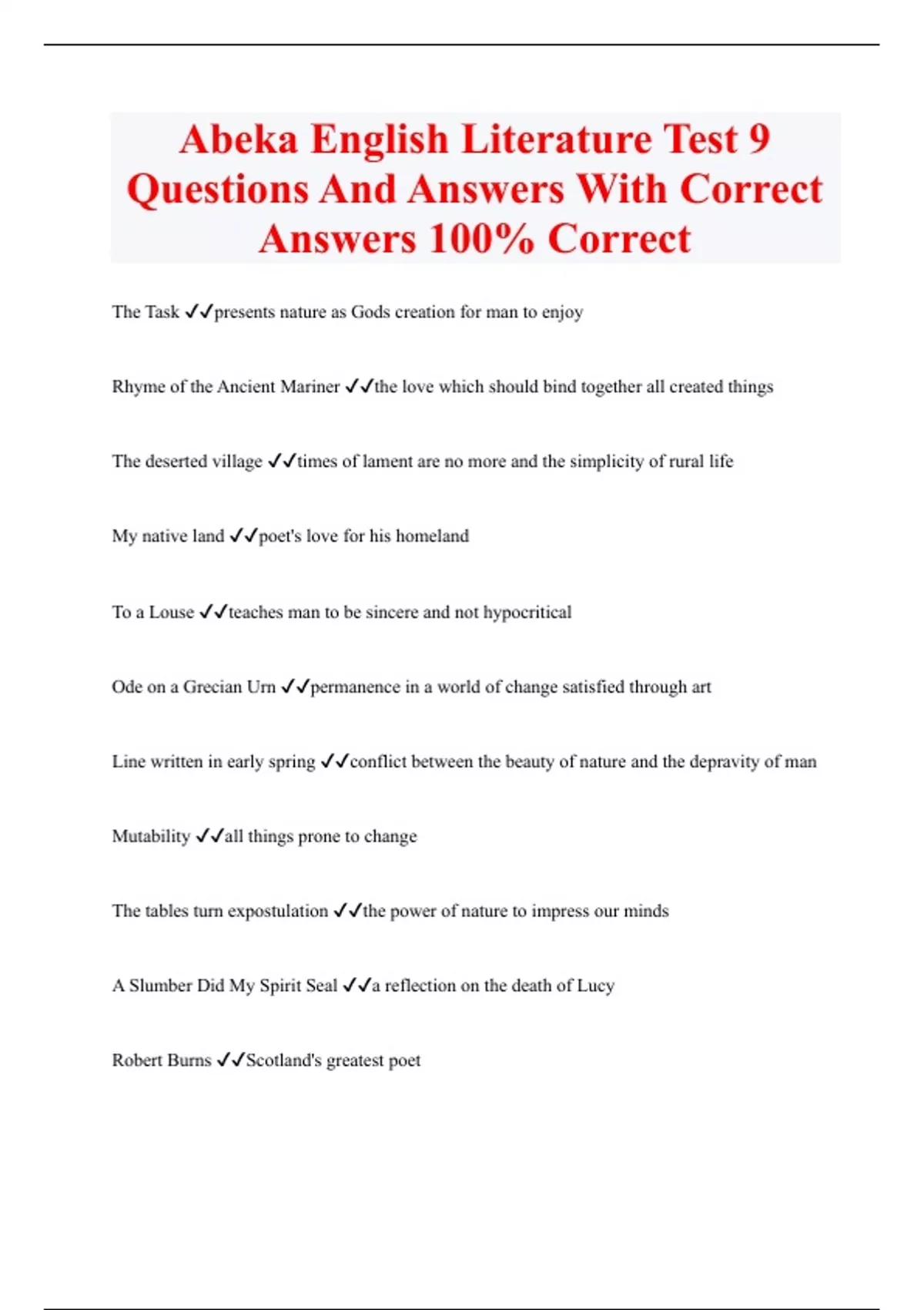 Abeka English Literature Test 9 Questions And Answers With Correct ...