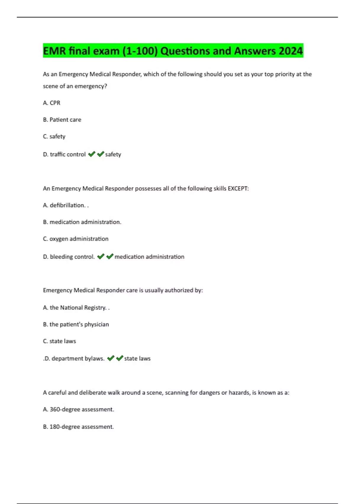 EMR final exam (1-100) Questions and Answers 2024 - EMR - Stuvia US