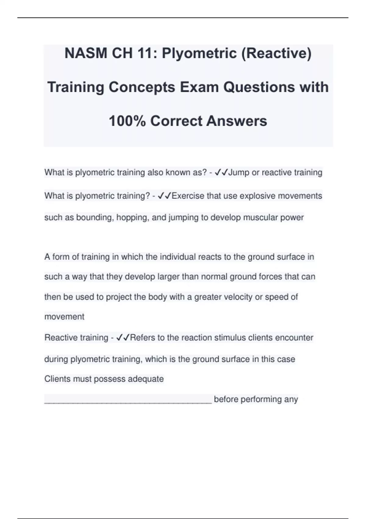 NASM CH 11: Plyometric (Reactive) Training Concepts Exam Questions with 100% Correct Answers ...