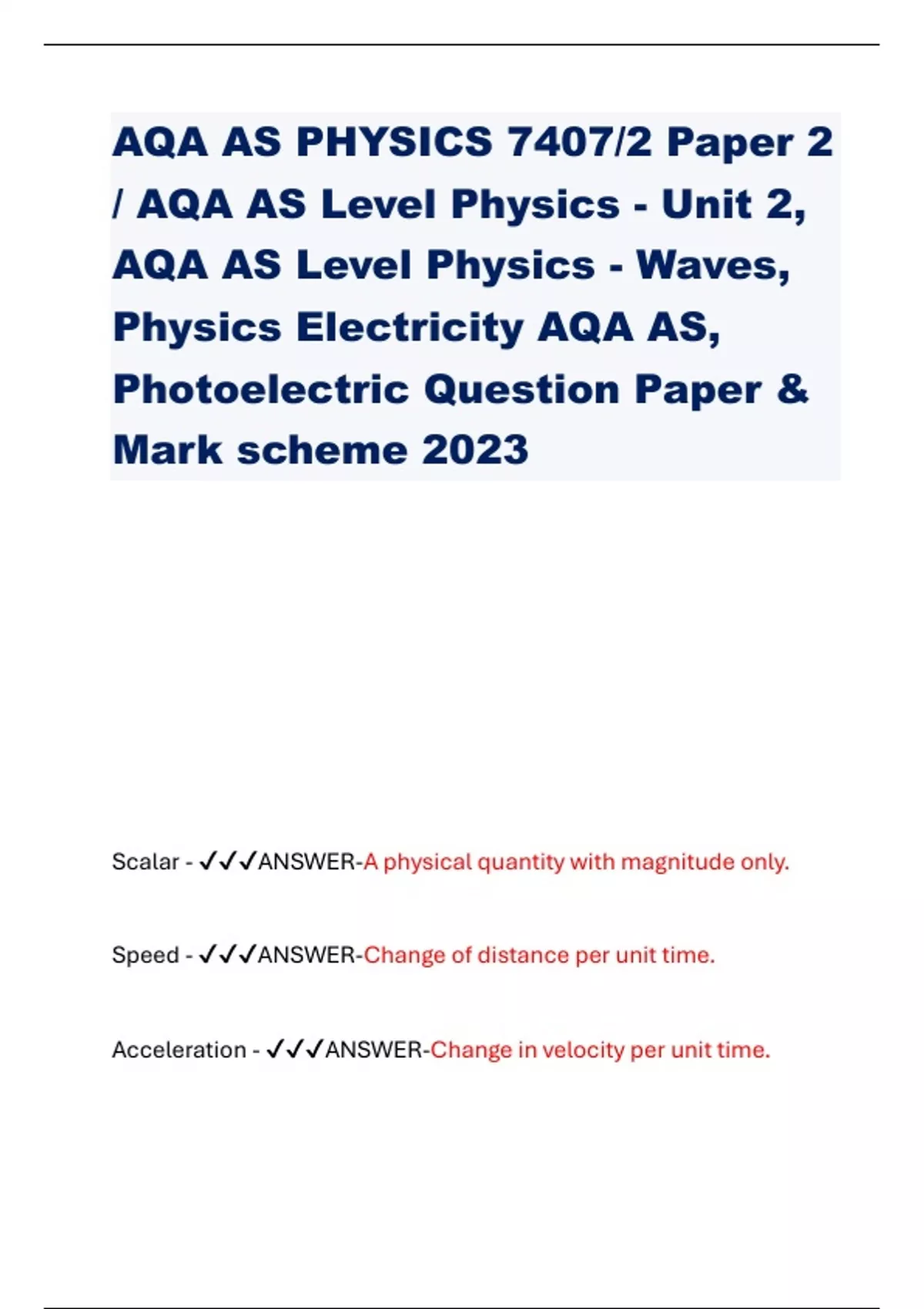 AQA AS PHYSICS 7407/2 Paper 2 / AQA AS Level Physics - Unit 2, AQA AS Level Physics - Waves ...