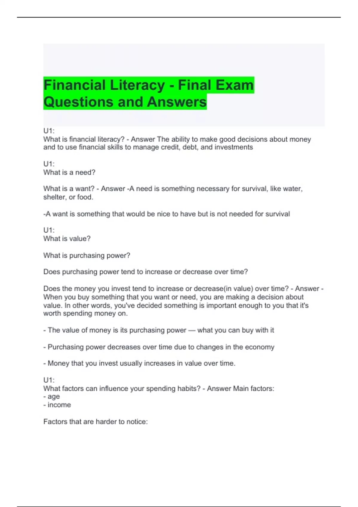 Financial Literacy - Final Exam Questions and Answers - WISE Financial Literacy - Stuvia US
