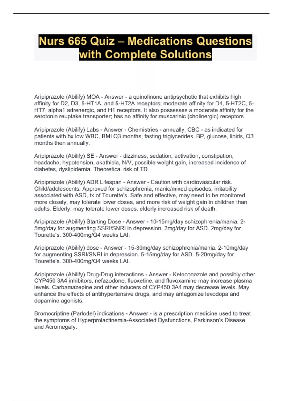 Nurs 665 Quiz – Medications Questions with Complete Solutions - NURS ...