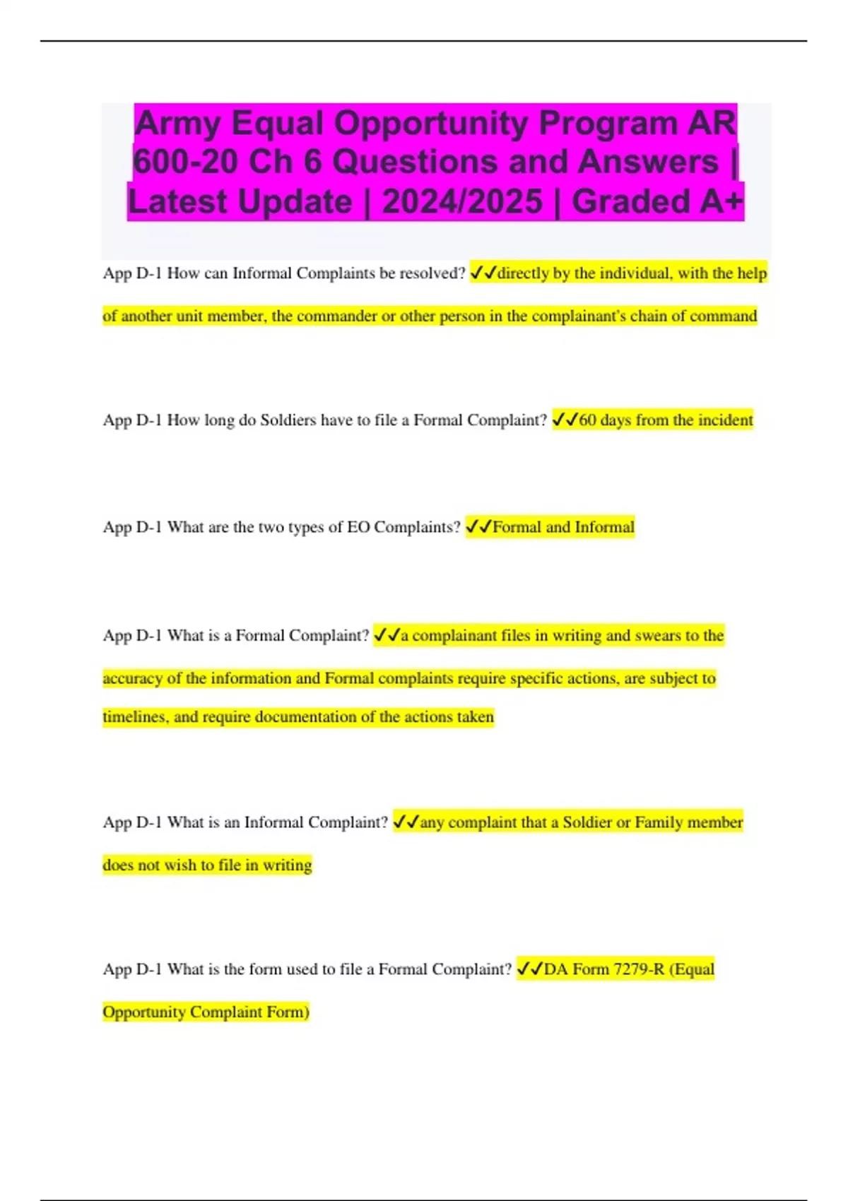 Army Equal Opportunity Program AR 600-20 Ch 6 Questions and Answers ...