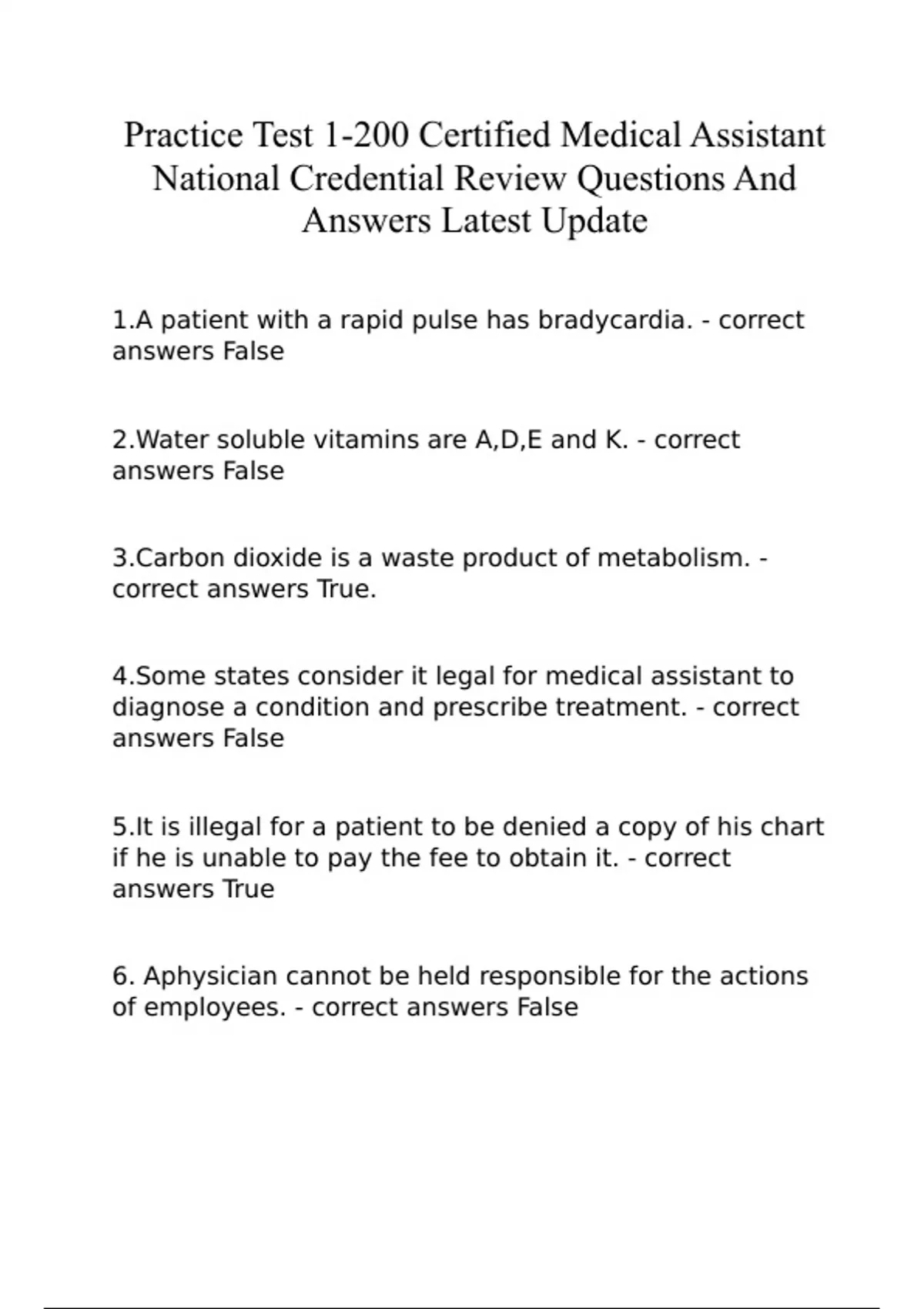 Practice Test 1-200 Certified Medical Assistant National Credential ...