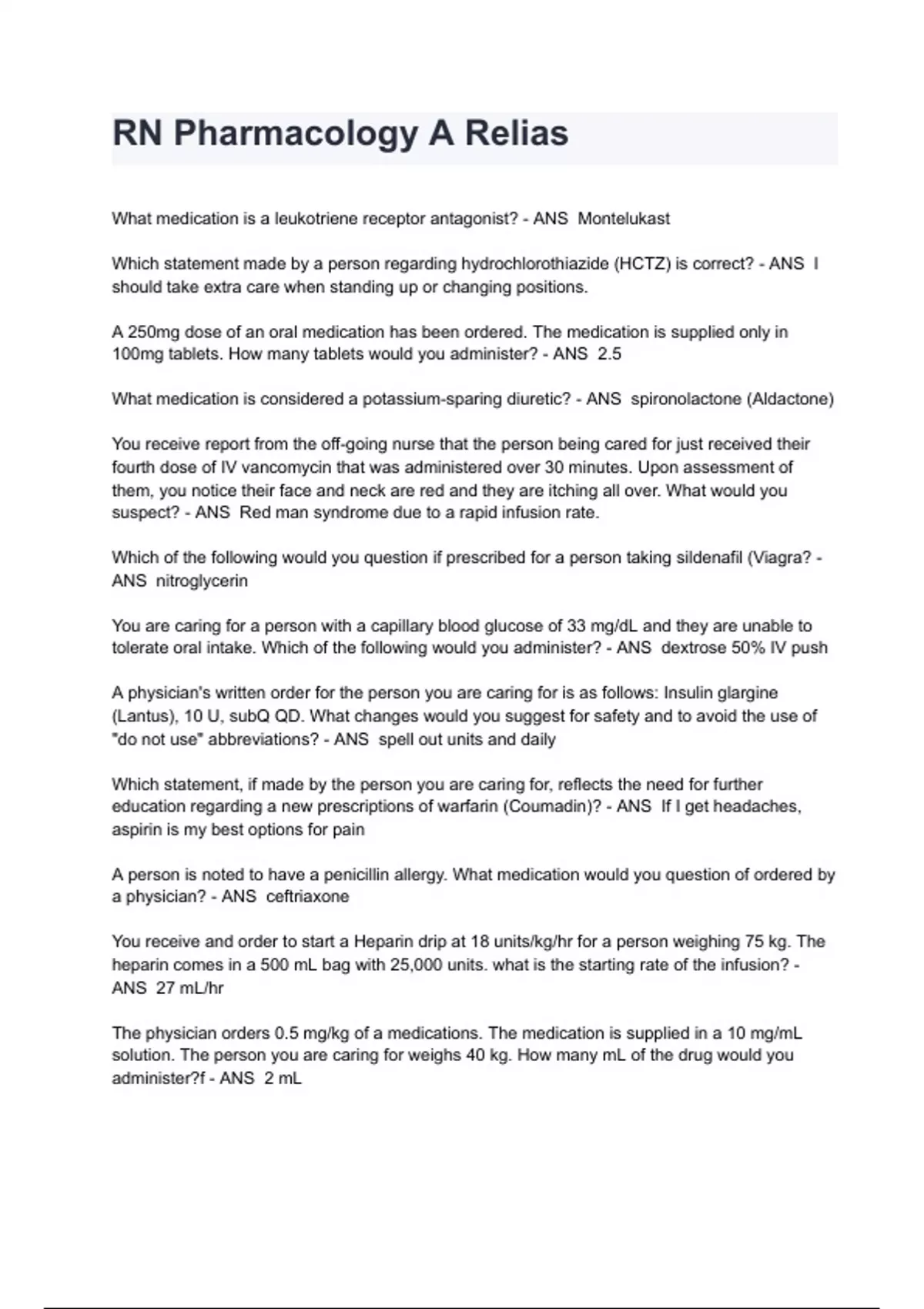 RN Pharmacology A Relias Exam 2024/2025 Questions With Completed ...