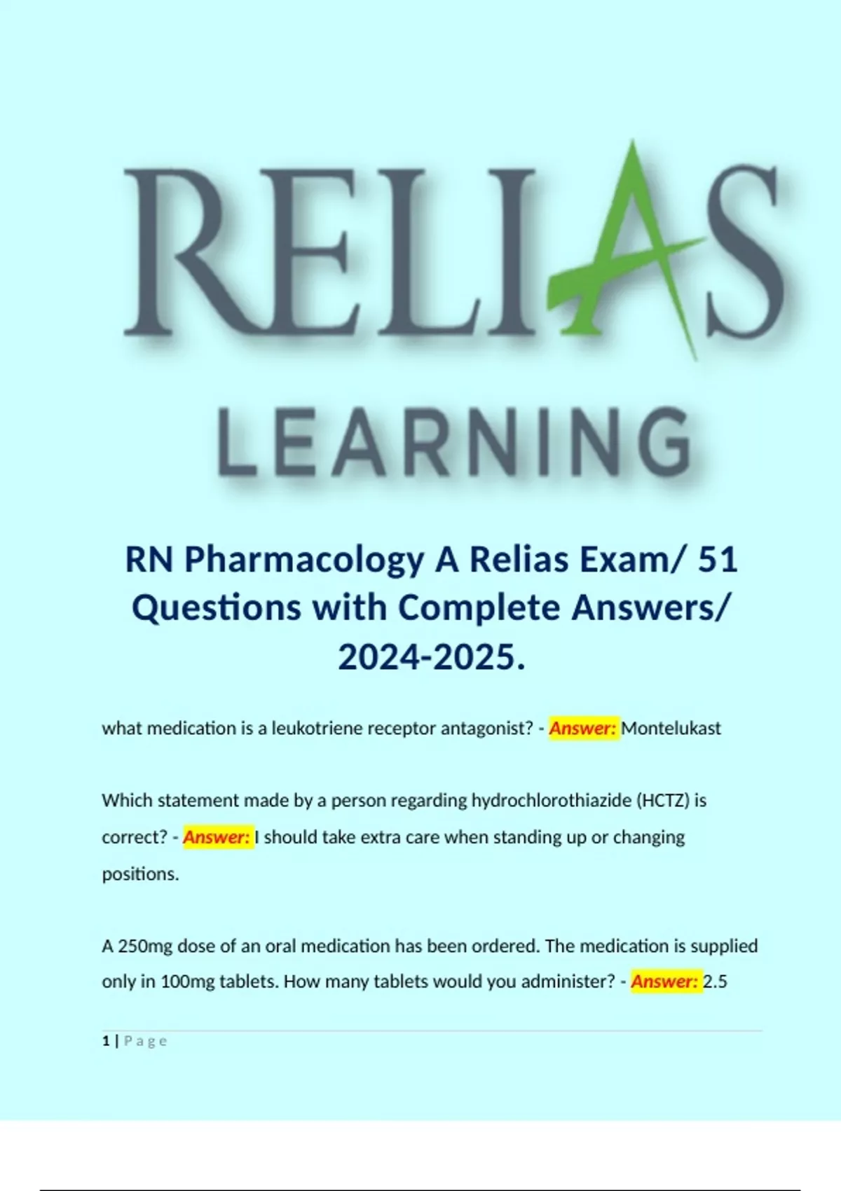 RN Pharmacology A Relias Exam/ 51 Questions with Complete Answers ...