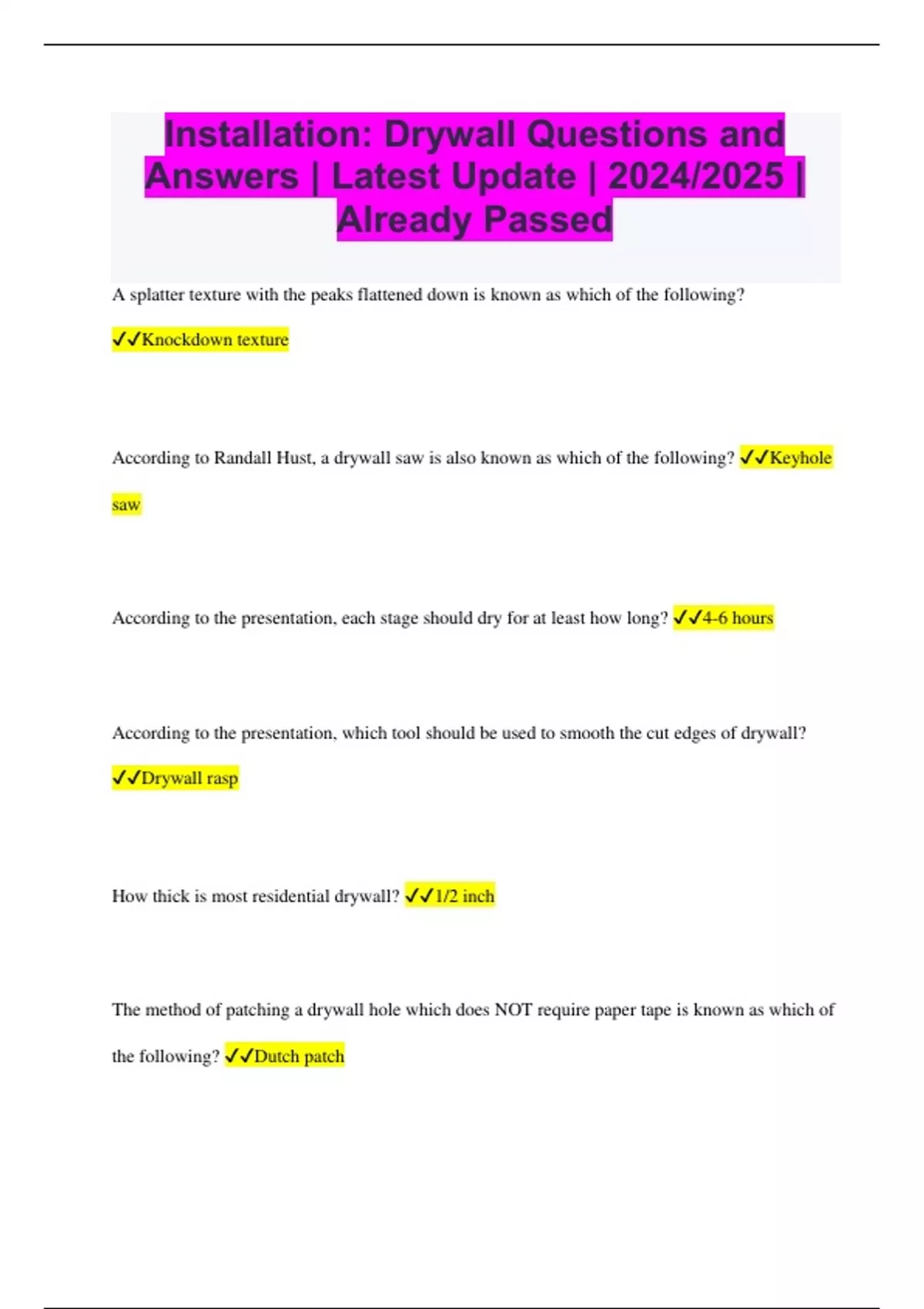 Installation: Drywall Questions and Answers | Latest Update | 2024/2025 ...