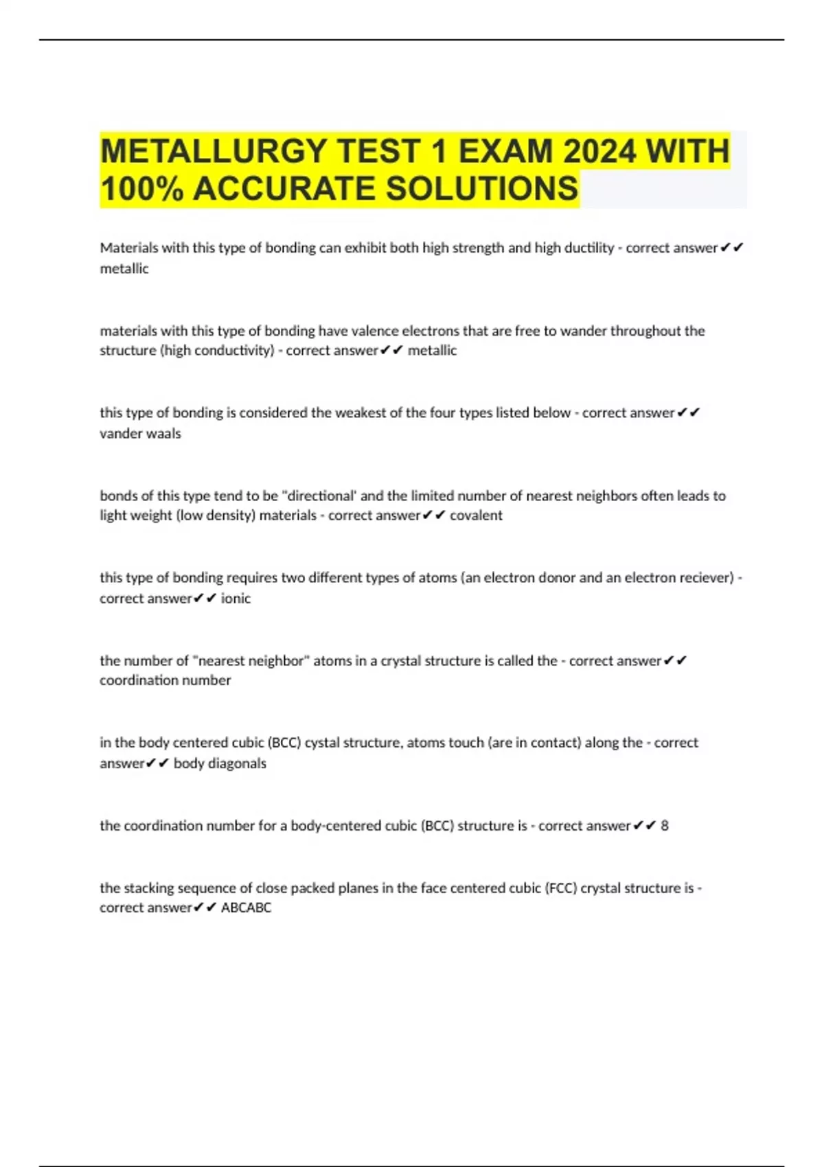 METALLURGY TEST 1 EXAM 2024 WITH 100% ACCURATE SOLUTIONS - METALLURGY ...