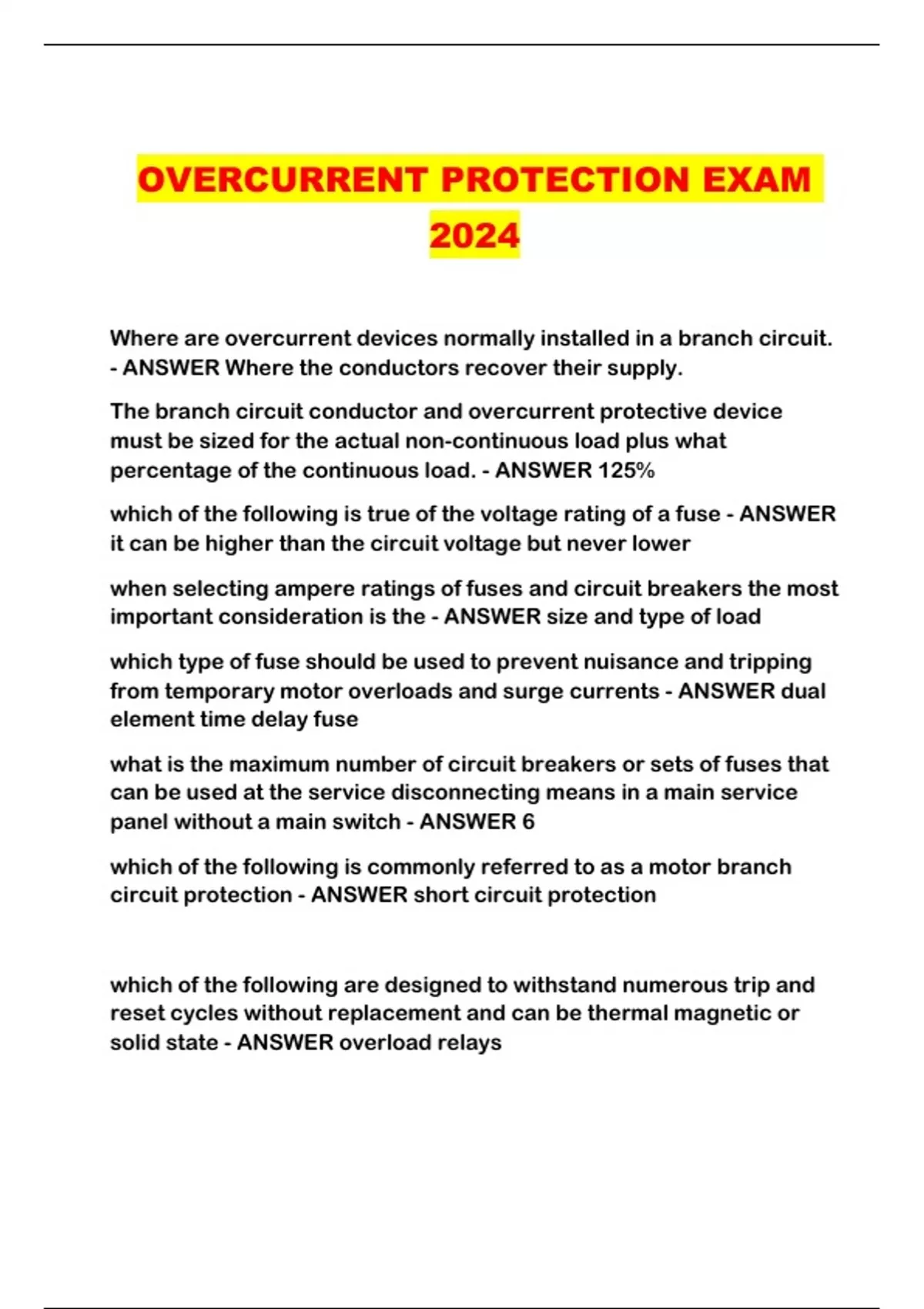 OVERCURRENT PROTECTION EXAM 2024 - OVERCURRENT PROTECTION - Stuvia US