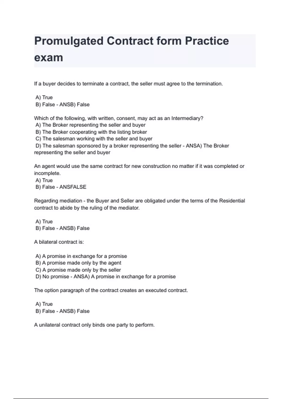 Promulgated Contract form Practice exam questions and answers graded A+ ...