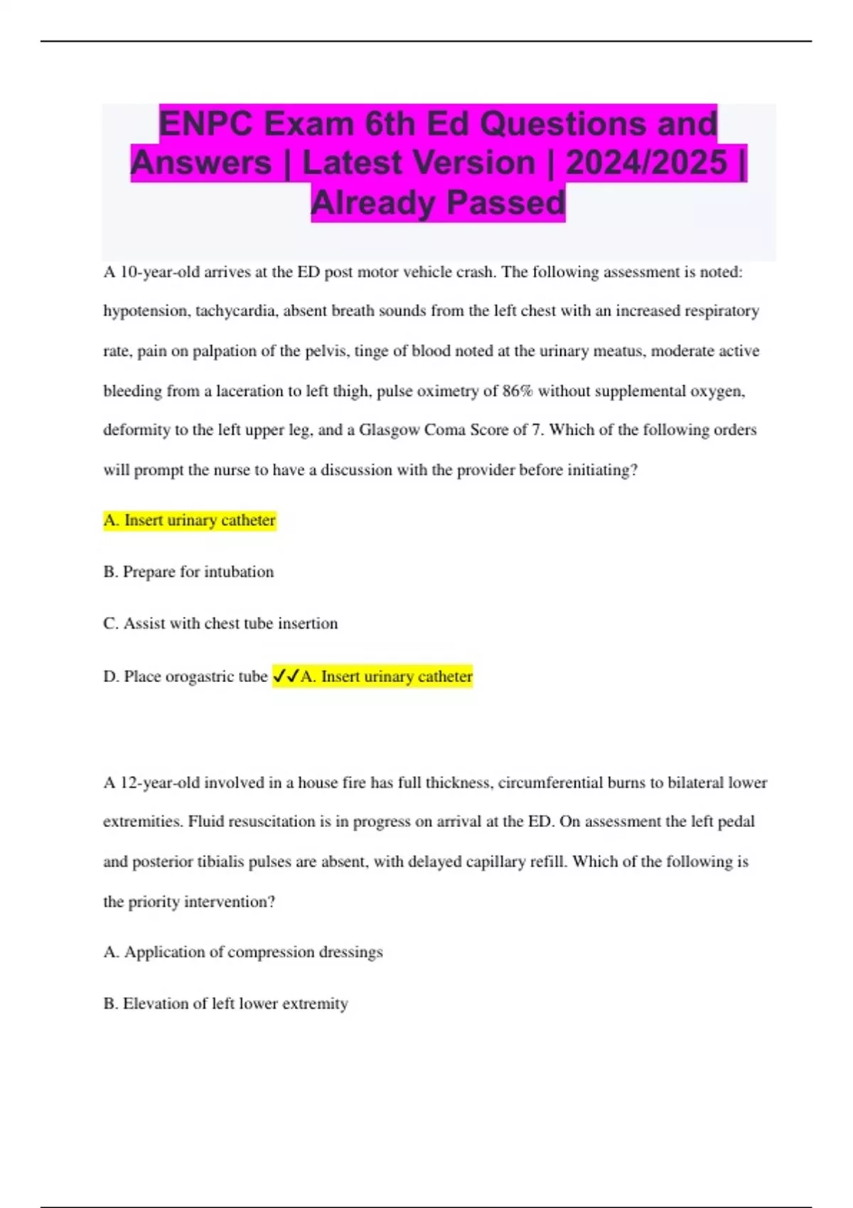 ENPC Exam 6th Ed Questions and Answers | Latest Version | 2024/2025 ...