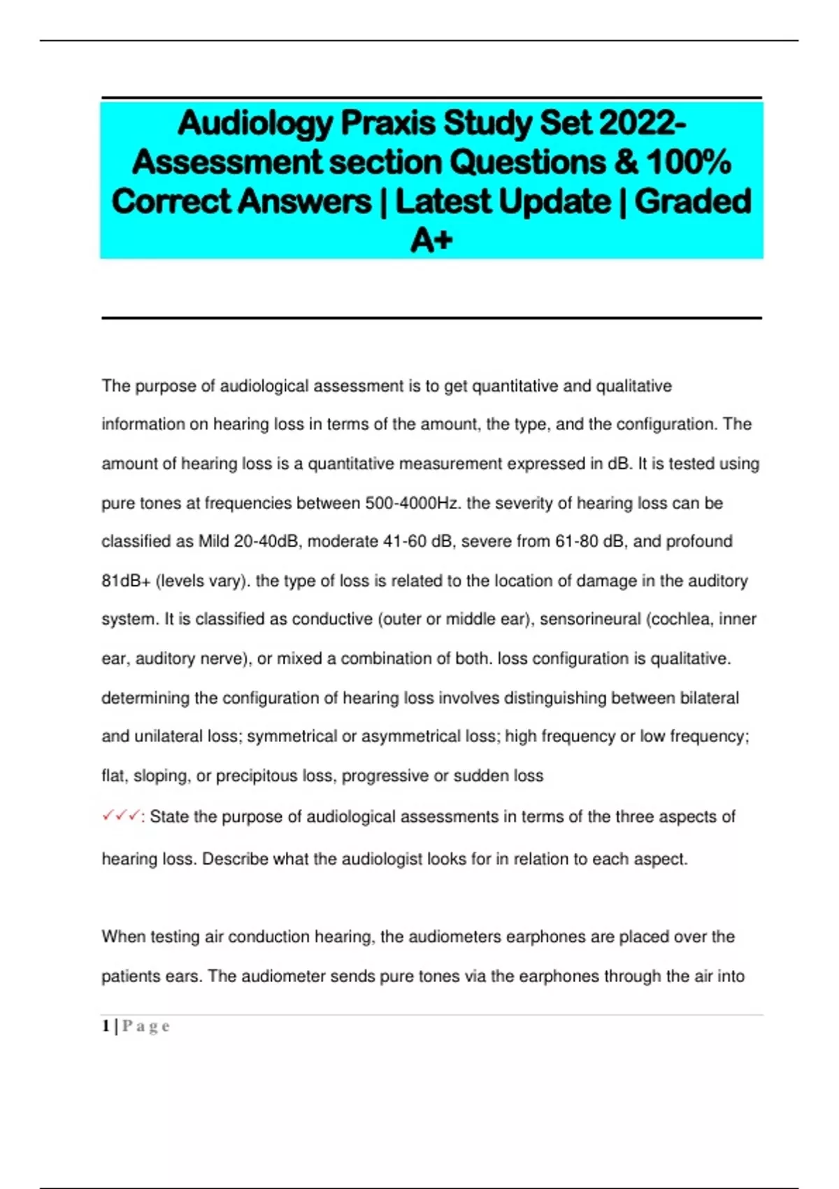 Audiology Praxis Study Set 2022- Assessment section Questions & 100% ...