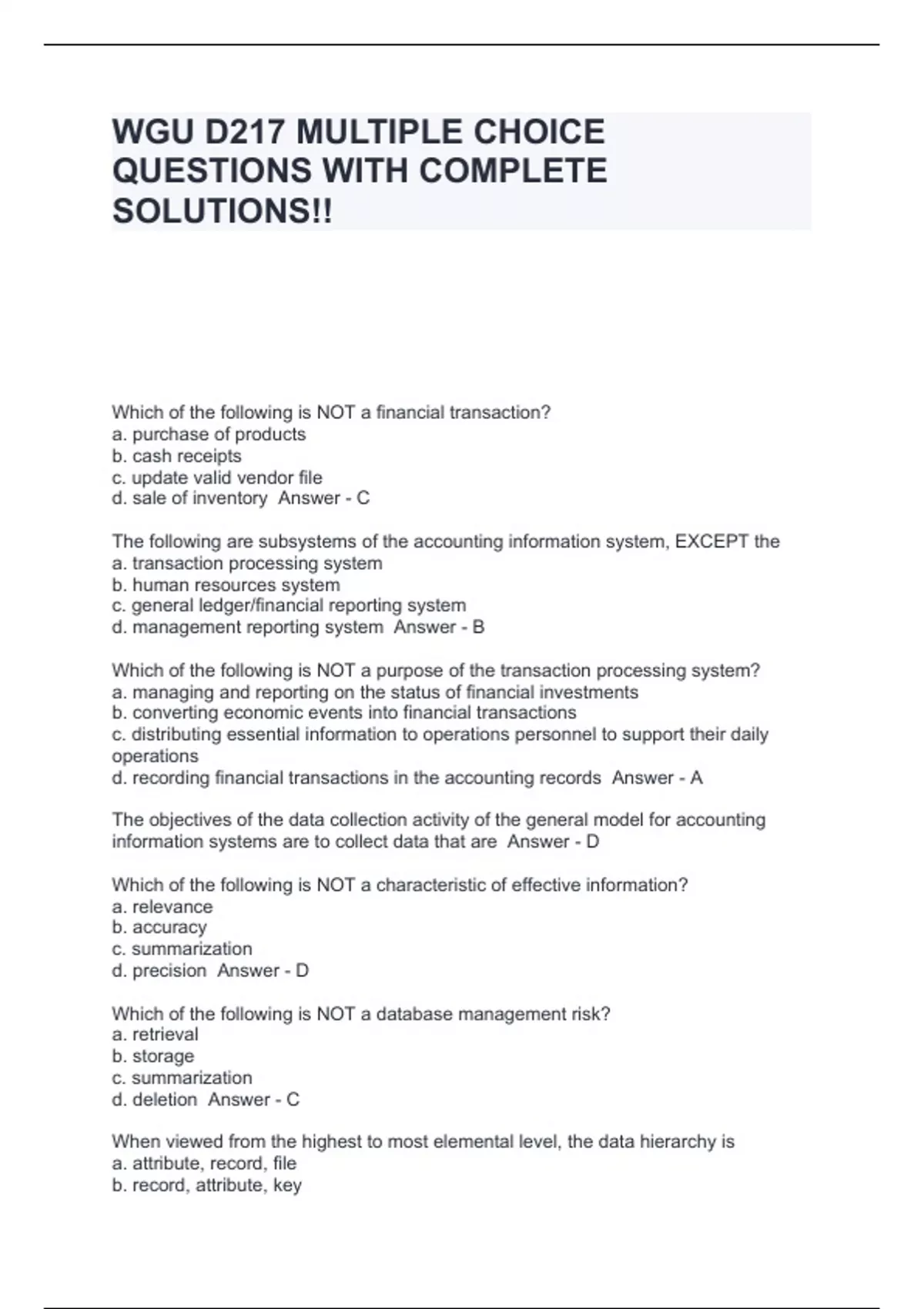 WGU D217 MULTIPLE CHOICE QUESTIONS WITH COMPLETE SOLUTIONS!! - WGU D217 - Stuvia US