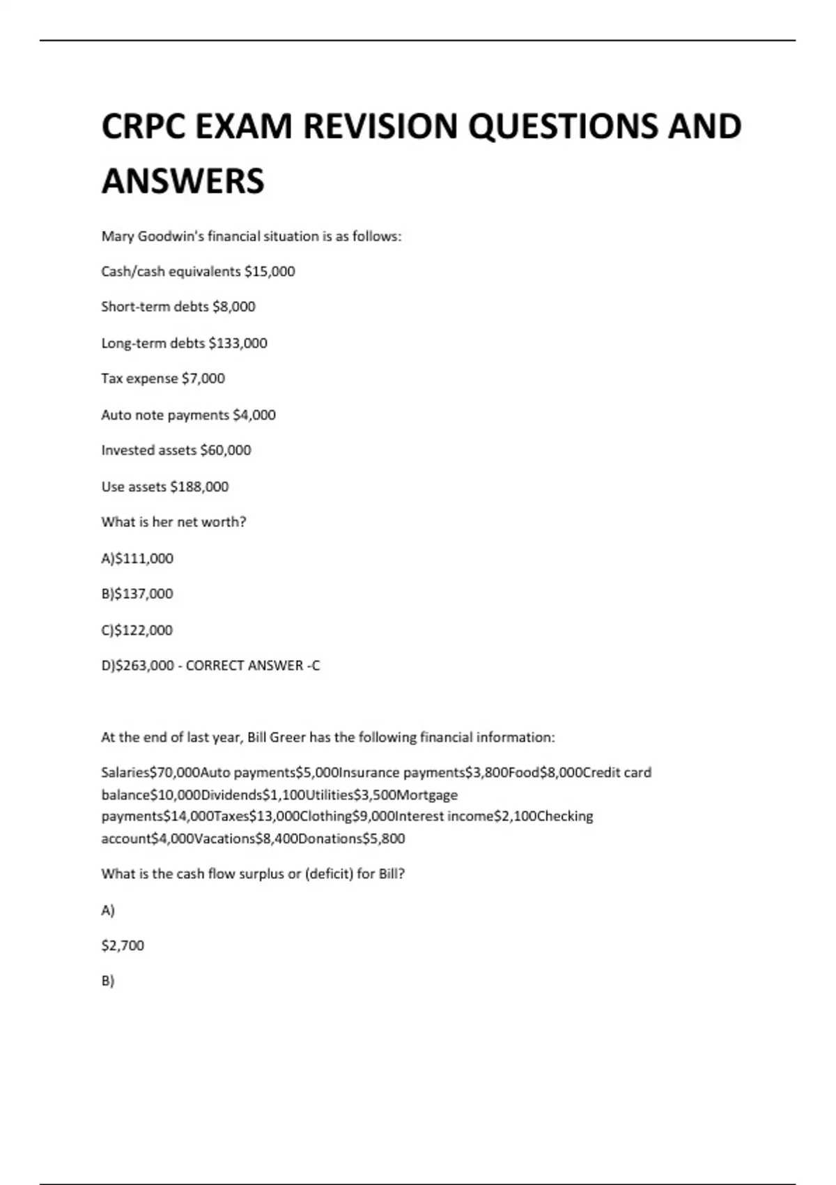 CRPC EXAM REVISION QUESTIONS AND ANSWERS - CRPC - Stuvia US
